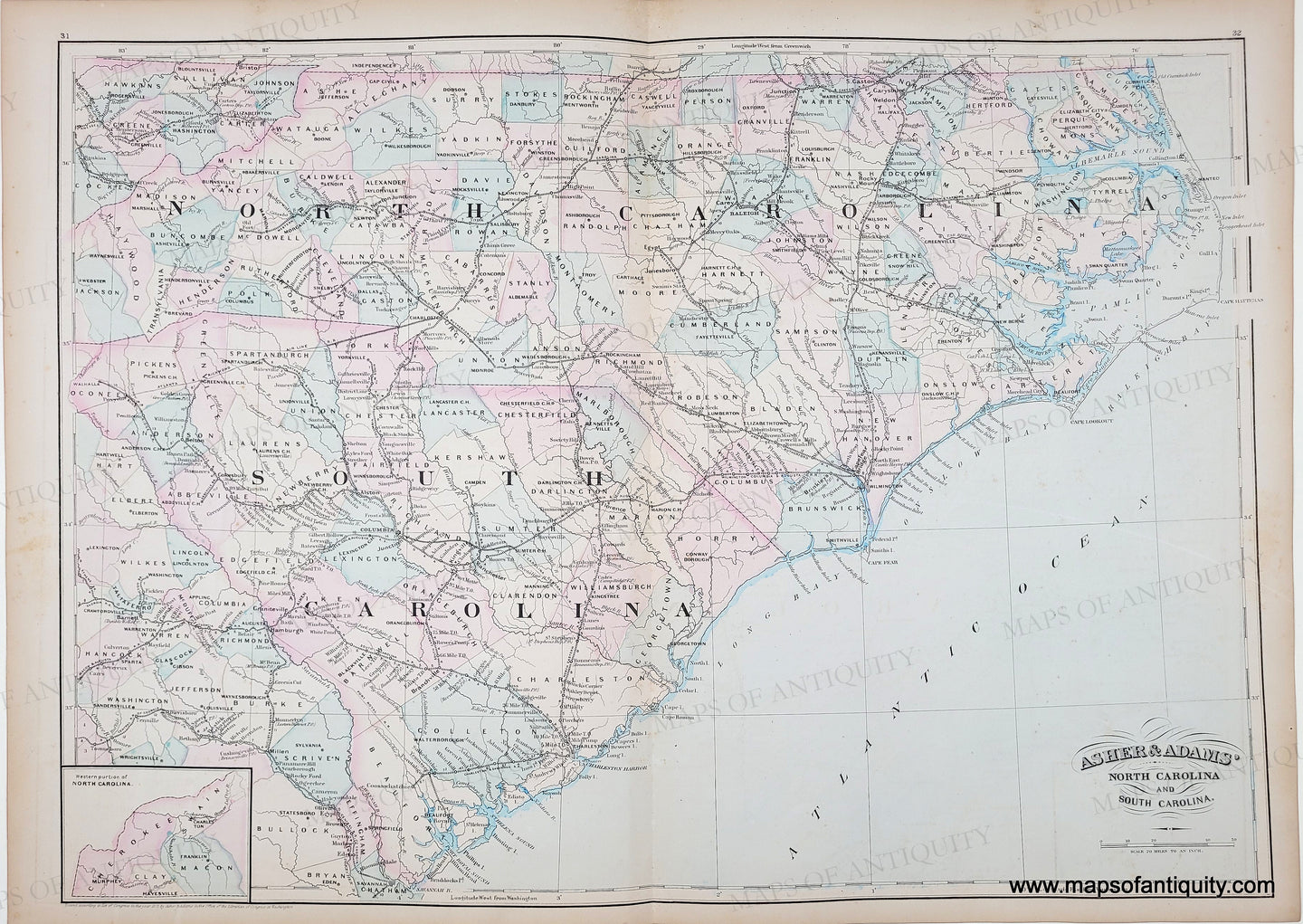 1872 - Asher & Adams' North Carolina and South Carolina. - Antique Map ...