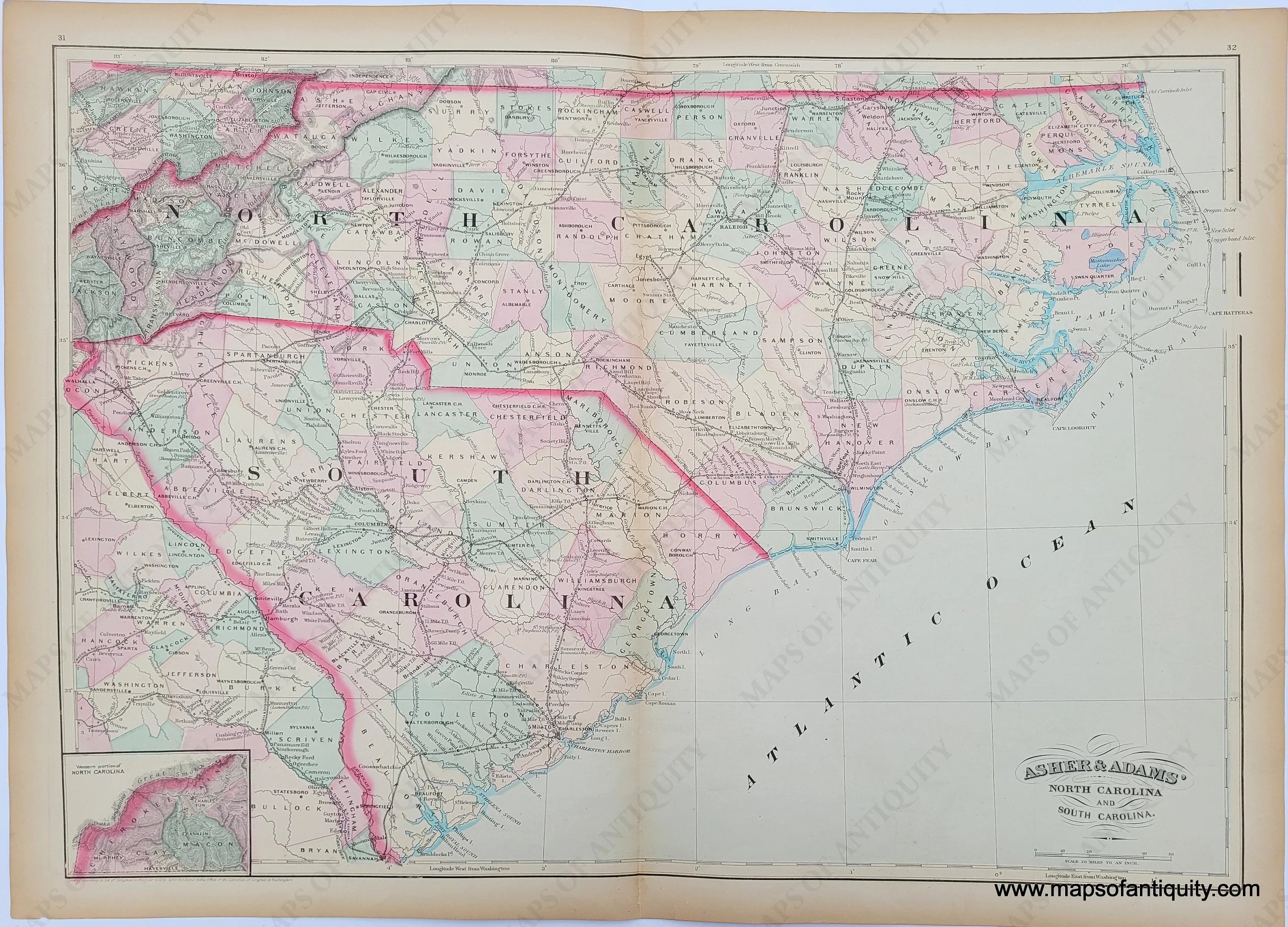 1872 - Asher & Adams' North Carolina and South Carolina. - Antique Map ...