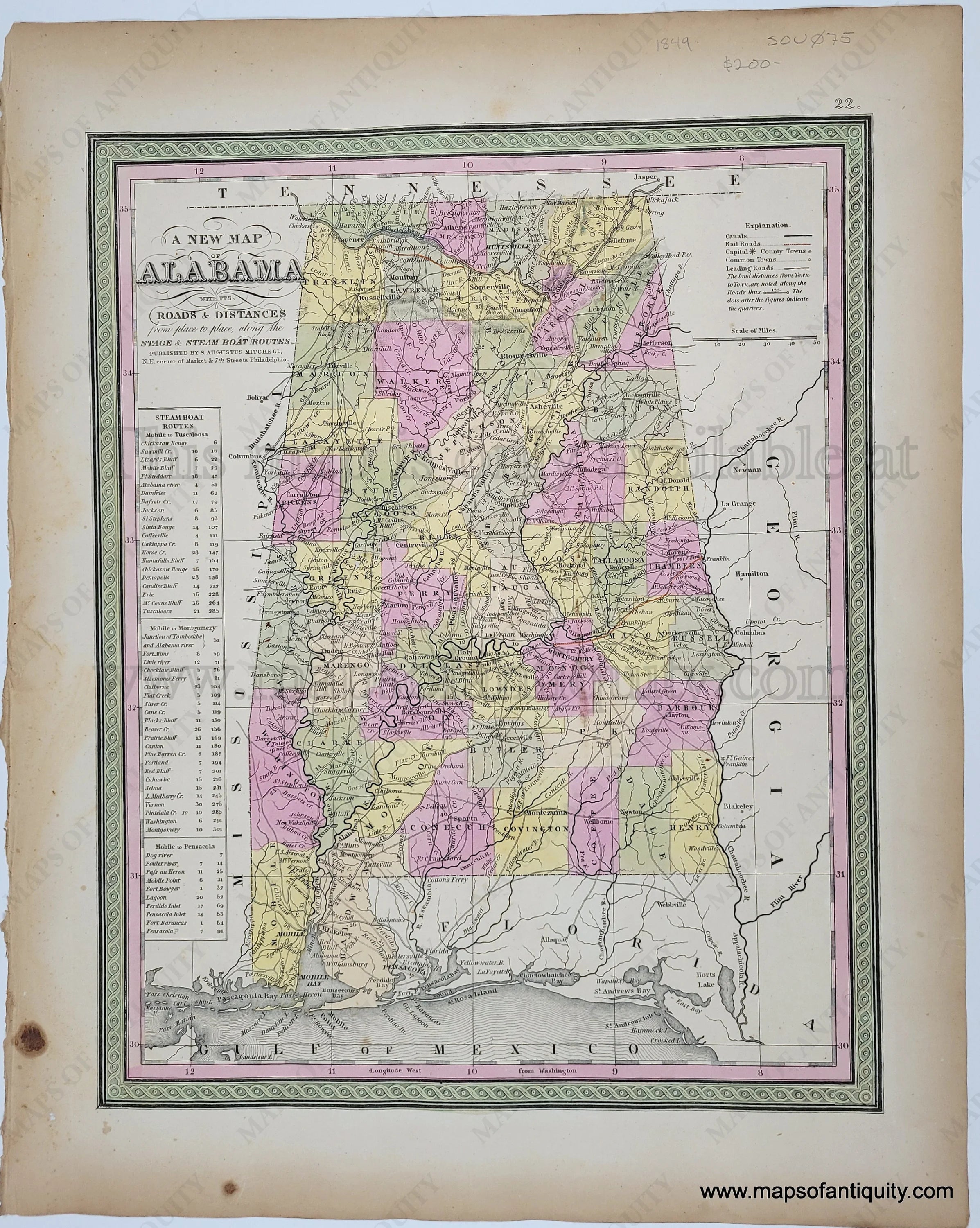 1849 - A New Map of Alabama with it Roads & Distances from place to pl ...