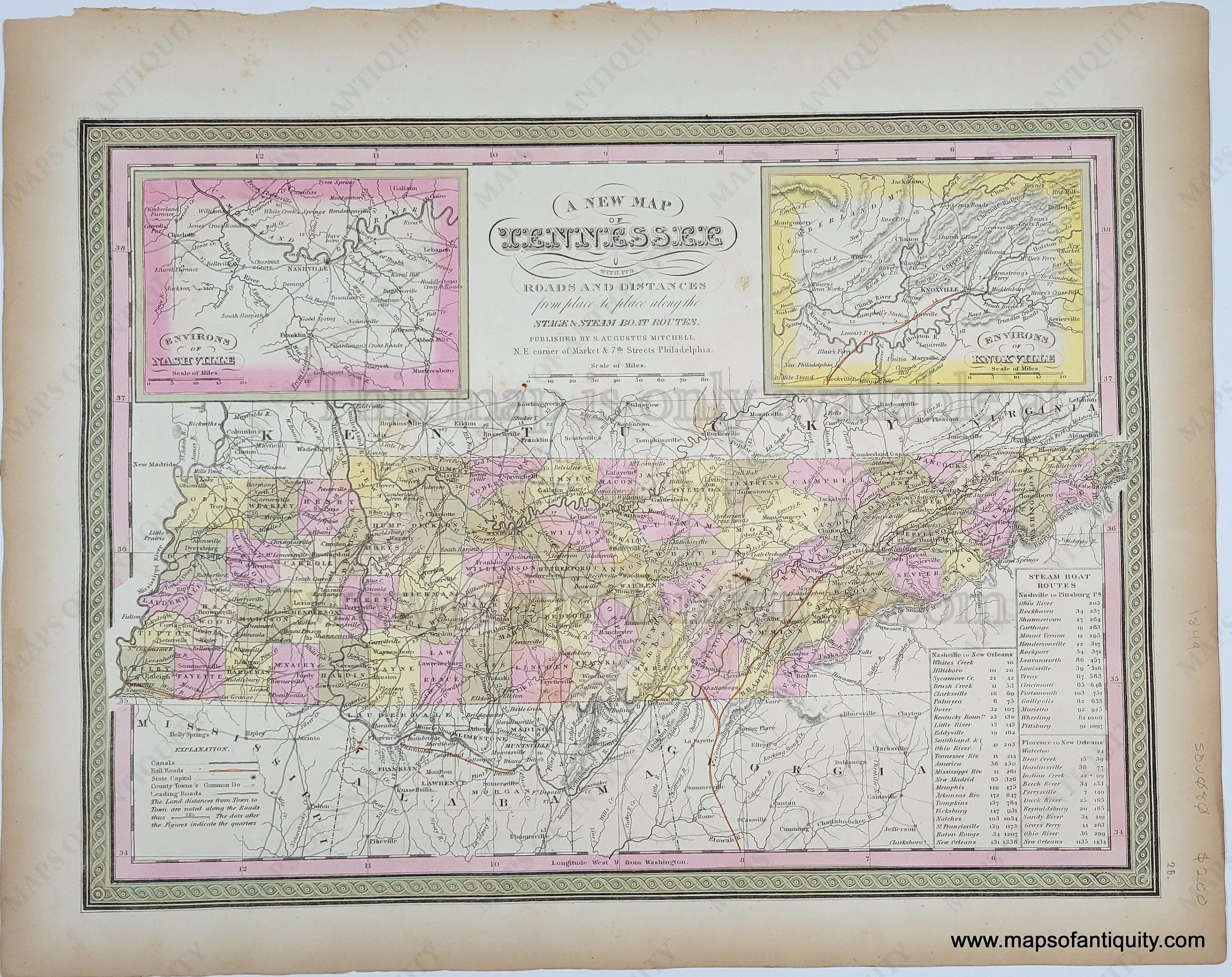1849 - A New Map of Tennessee with its Roads and Distances from place ...