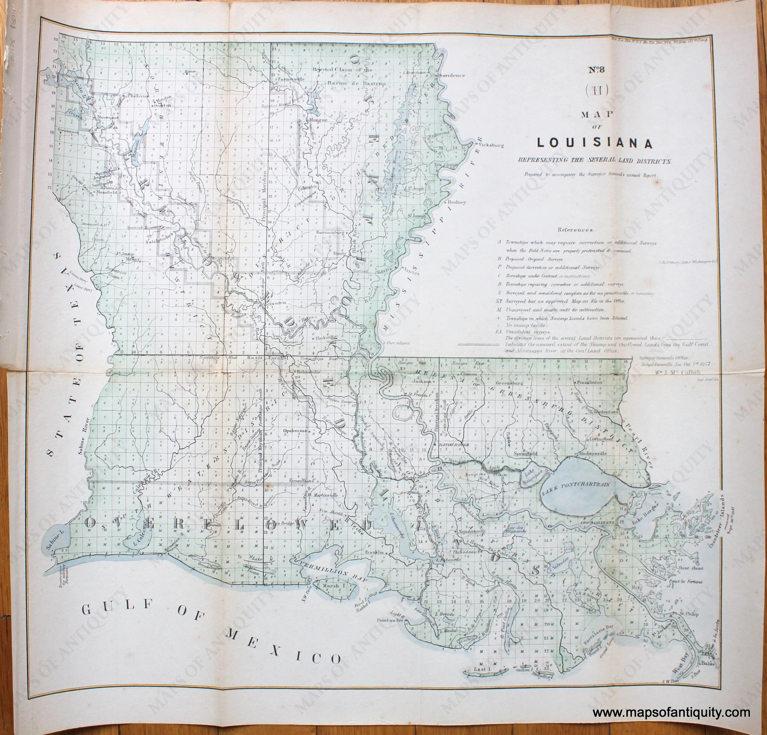 1857 - (H) Map of Louisiana - Antique Survey Map – Maps of Antiquity