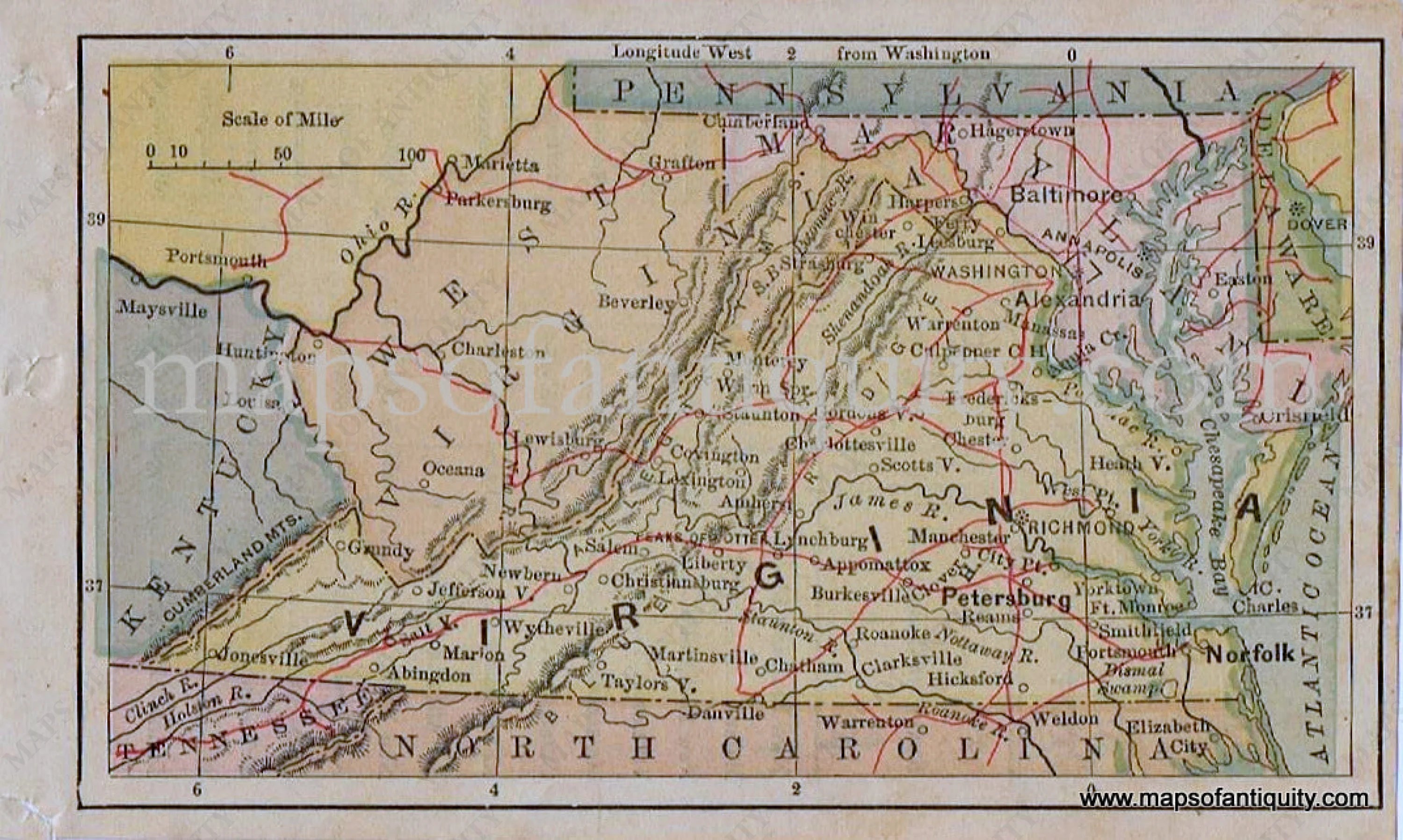 1880 - Miniature Map of Virginia - Antique Map – Maps of Antiquity