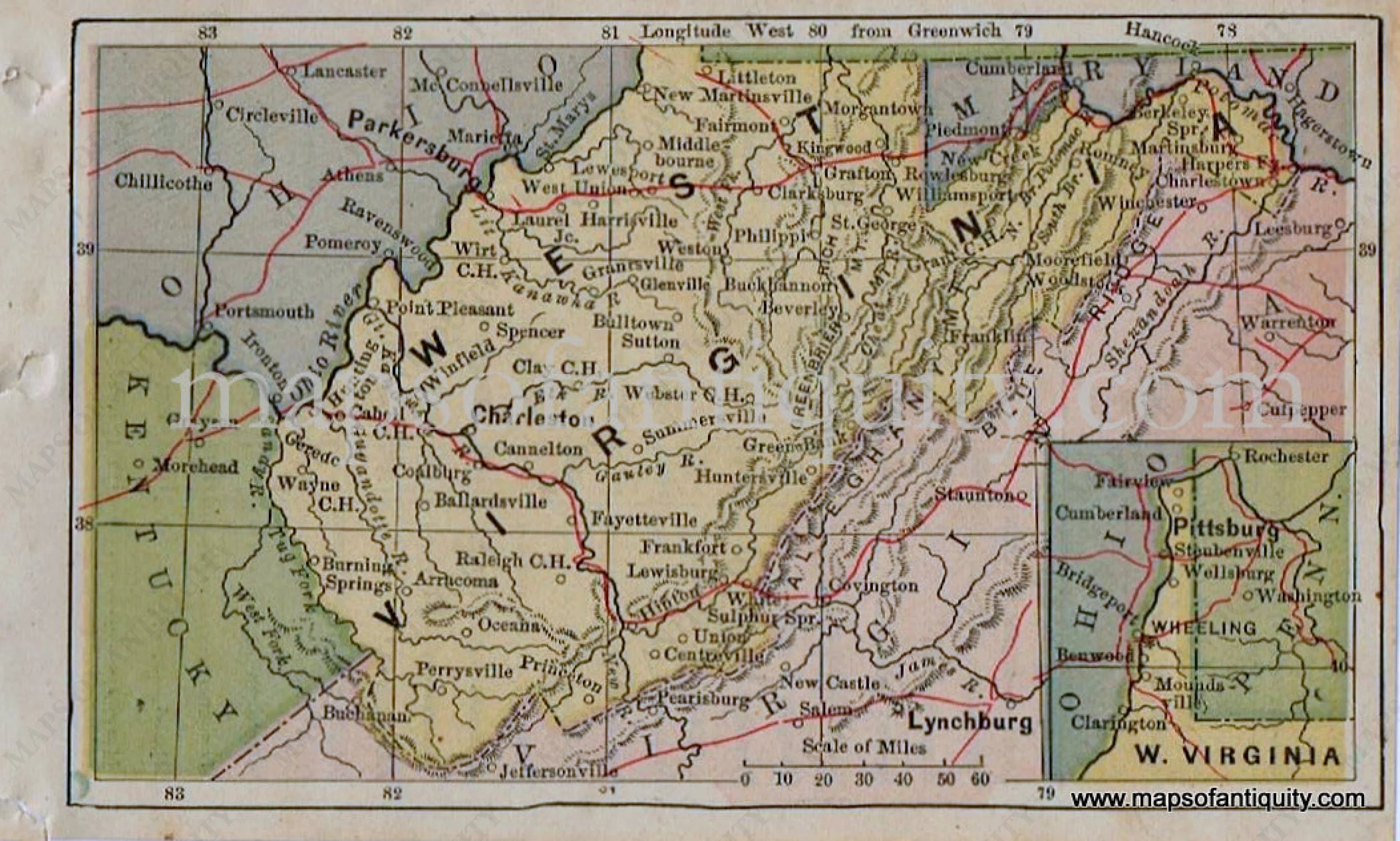 1880 - Miniature Map of West Virginia - Antique Map – Maps of Antiquity