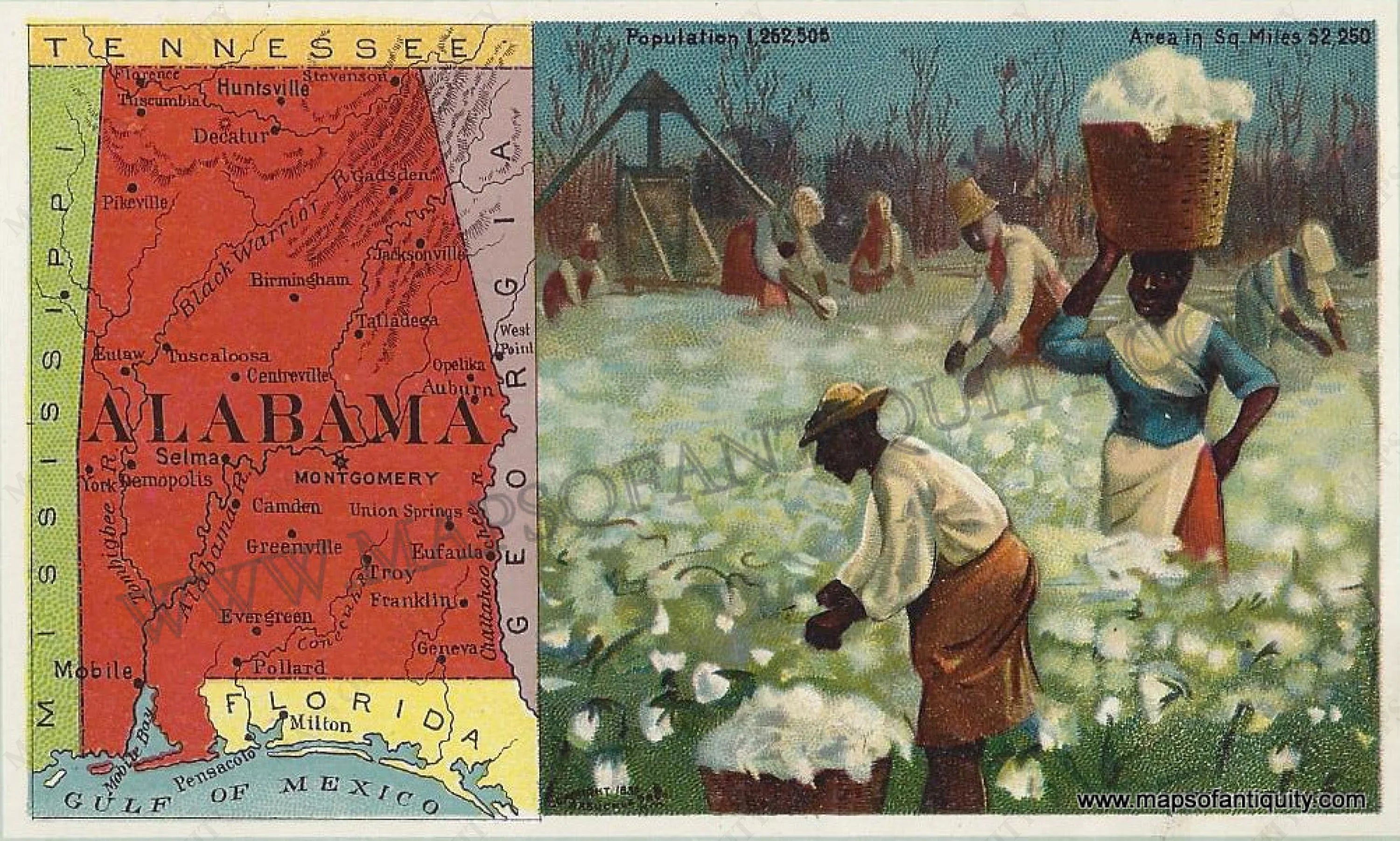 1890 - Alabama - Antique Chromolithograph Print Map – Maps of Antiquity