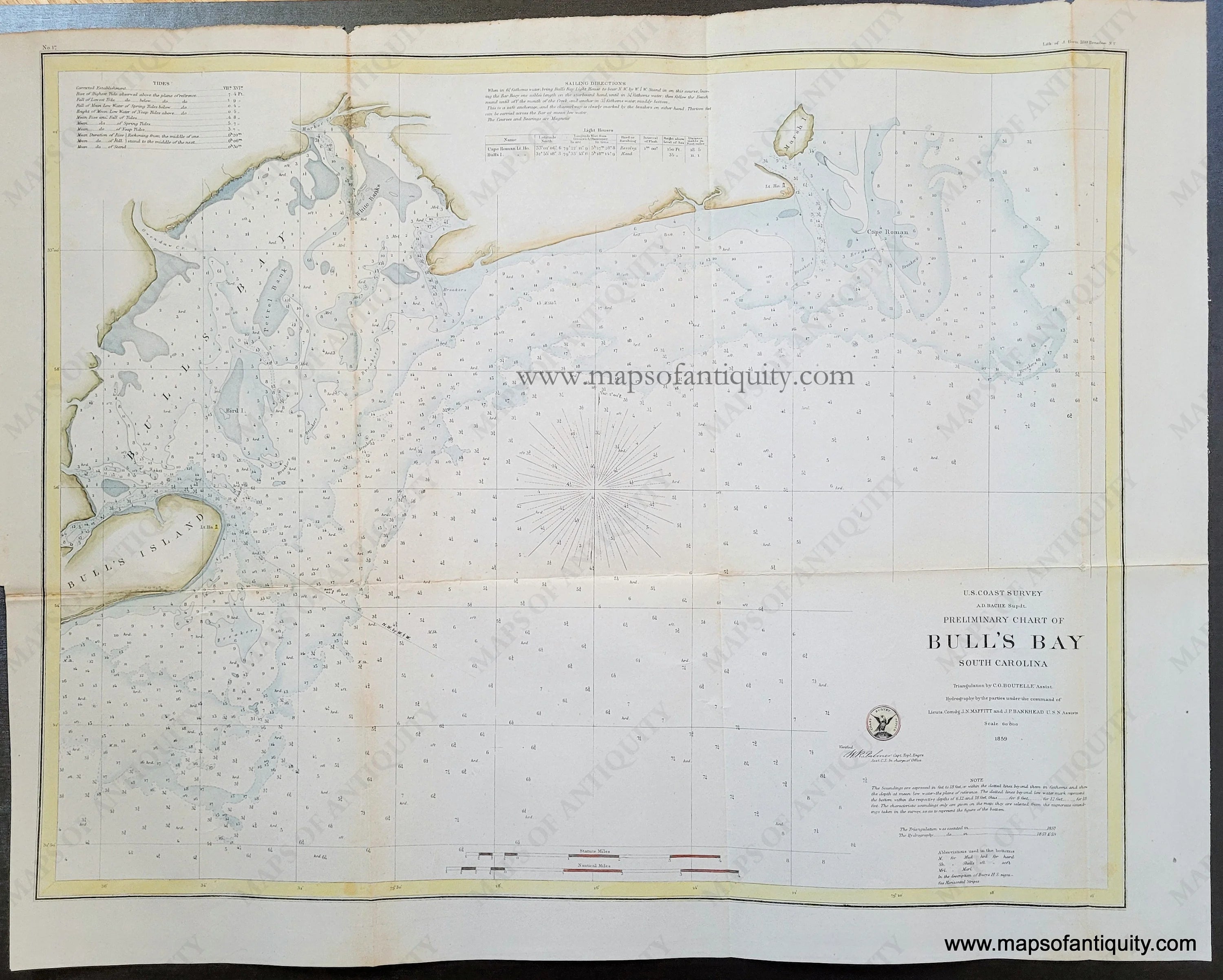 1859 - Preliminary Chart of Bull's Bay, South Carolina - Antique Chart ...