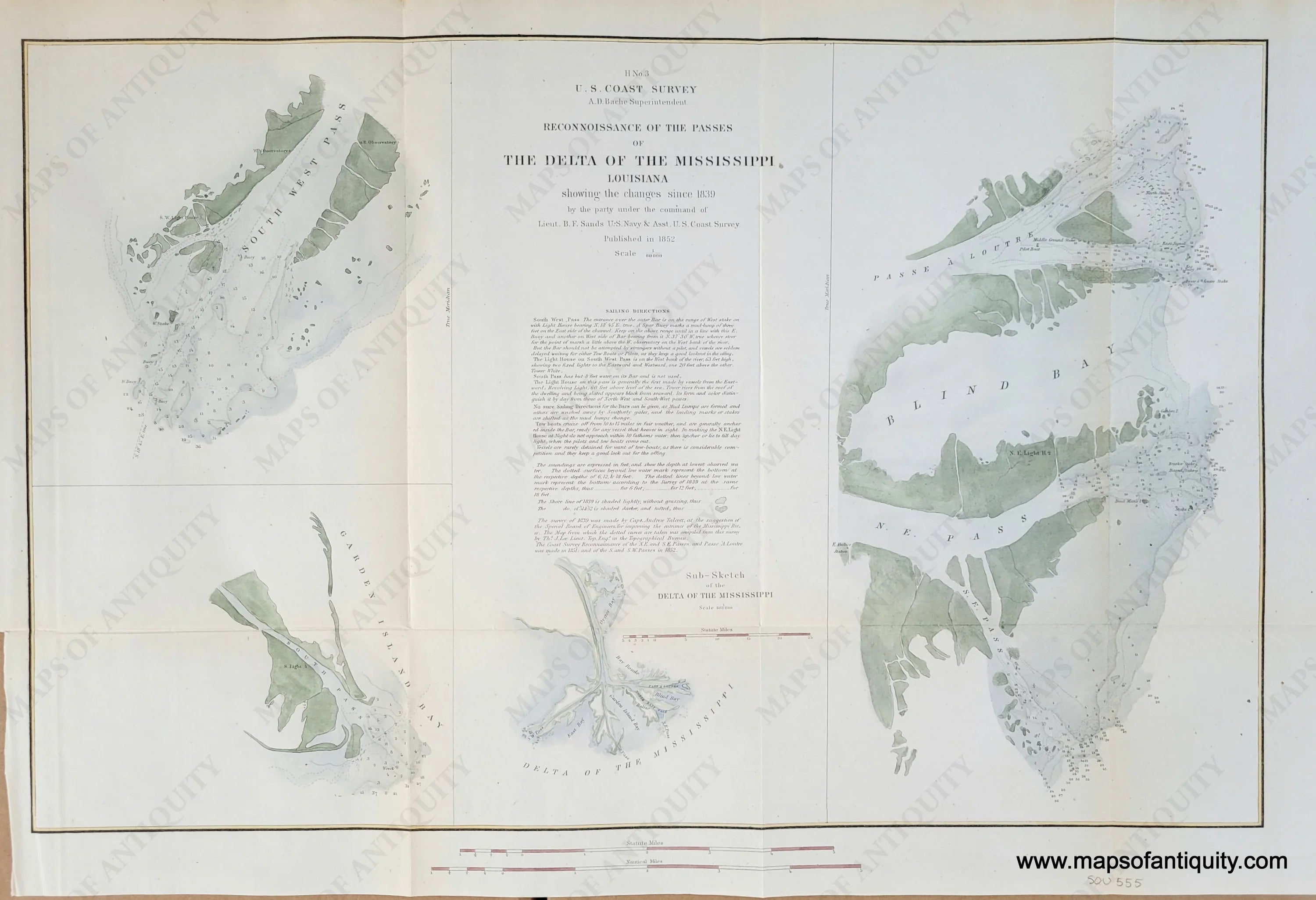 1852 Genuine Antique Chart Reconnoissance of the Passes of the Delta of ...