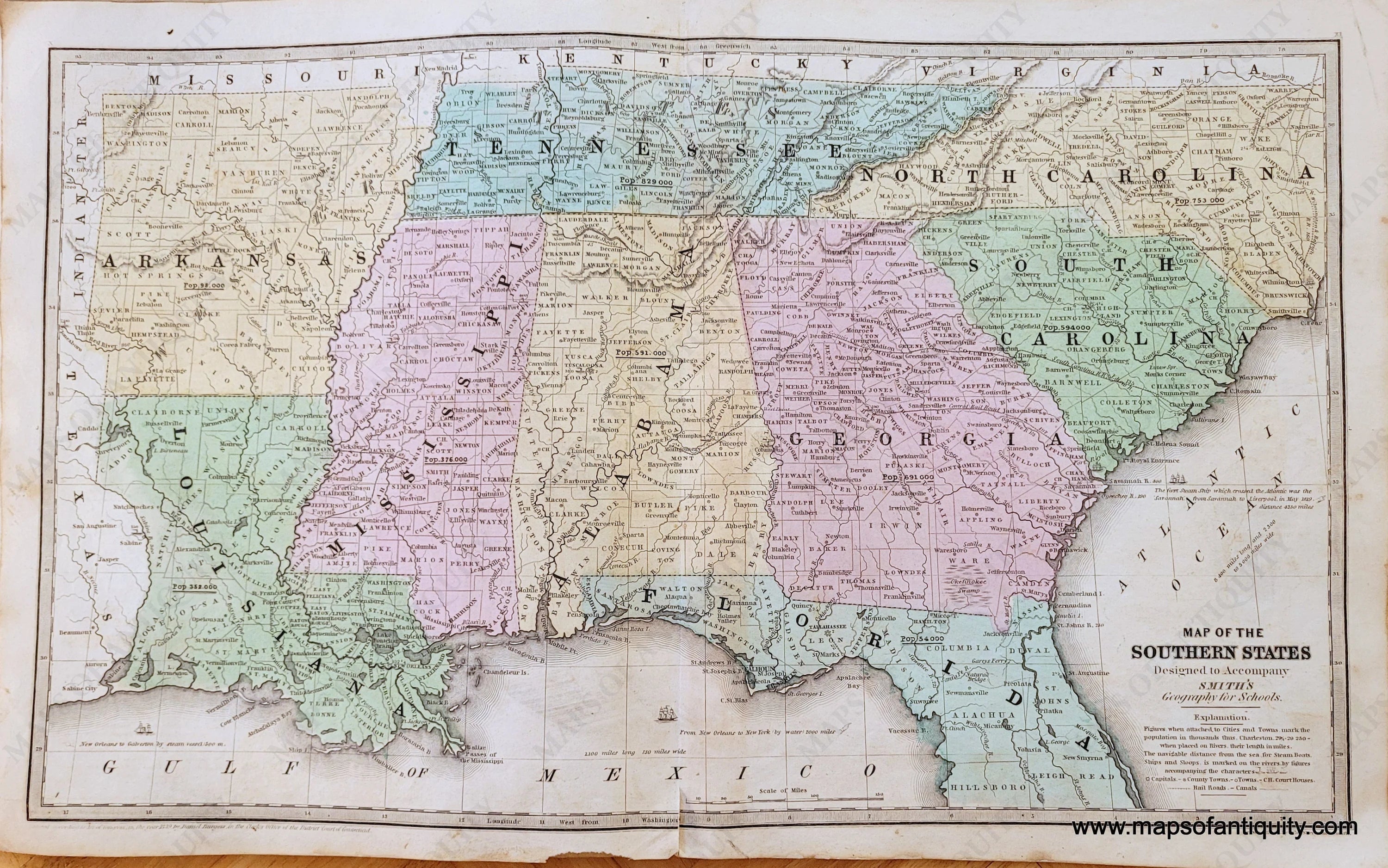 1839 Genuine Antique Map Map of the Southern States – Maps of Antiquity