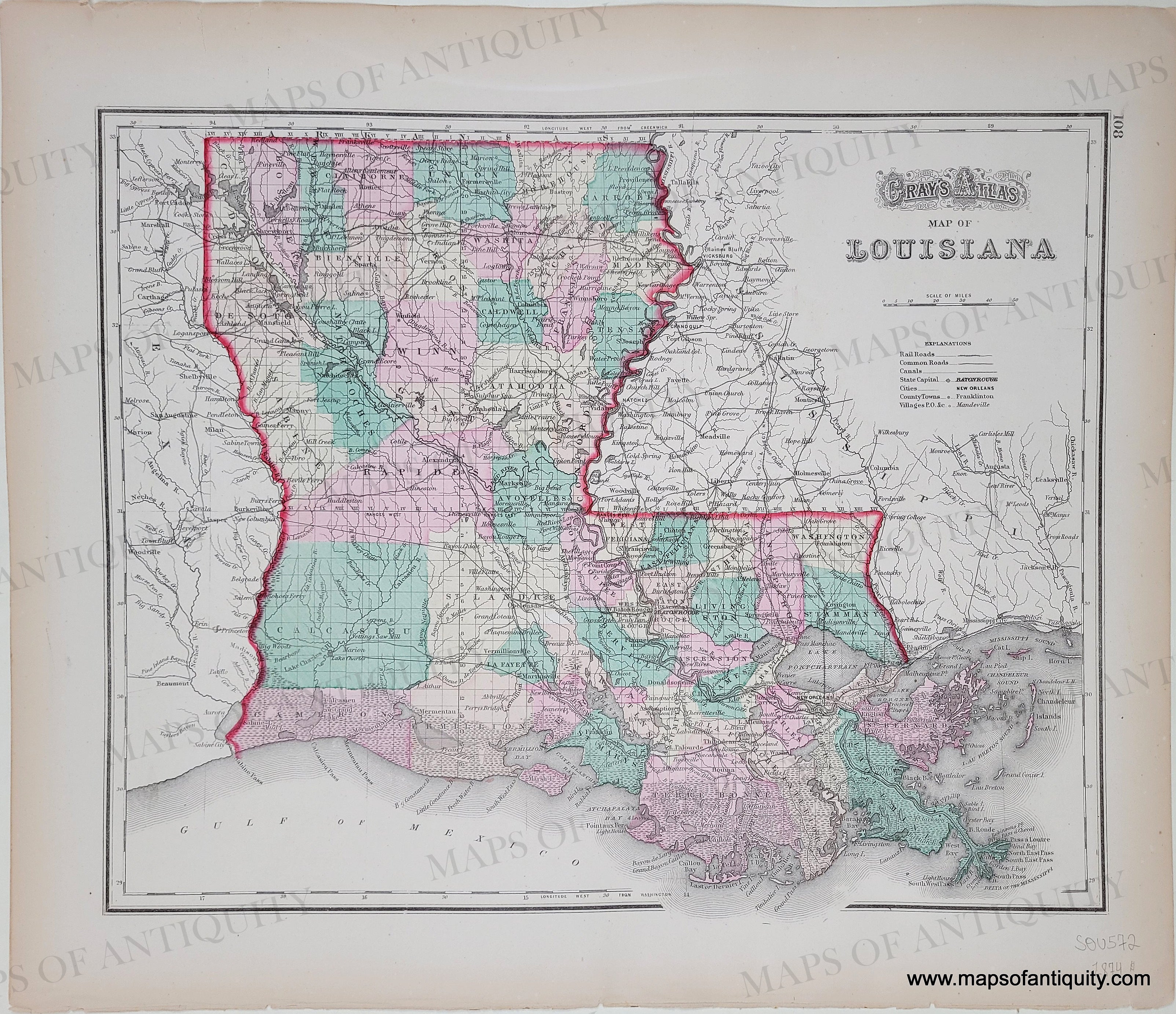1874 Genuine Antique Map Gray's Atlas Map of Louisiana, Verso: Grey's ...