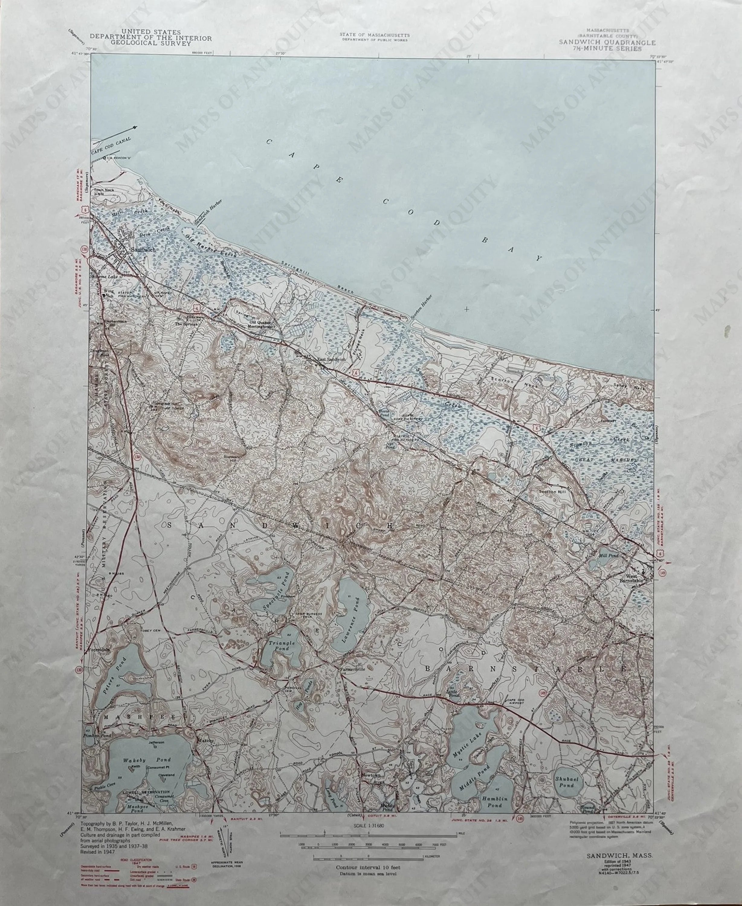 1947 Antique Map Sandwich, Mass. Cape Cod Antique Topographic Map ...