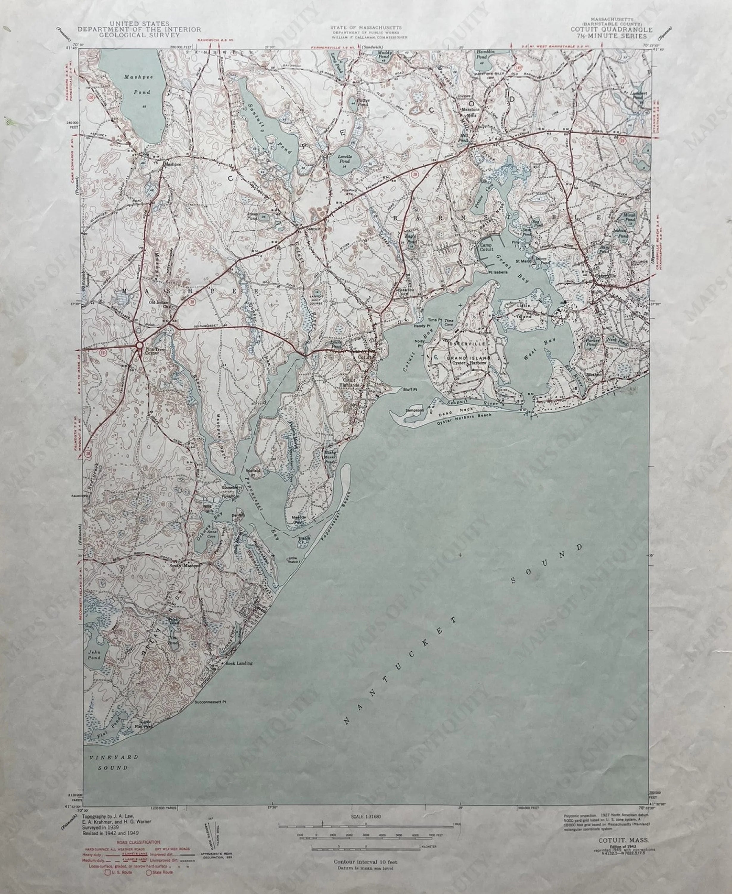 1947 Antique Map Cotuit, Mass. Cape Cod Antique Topographic Map – Maps ...