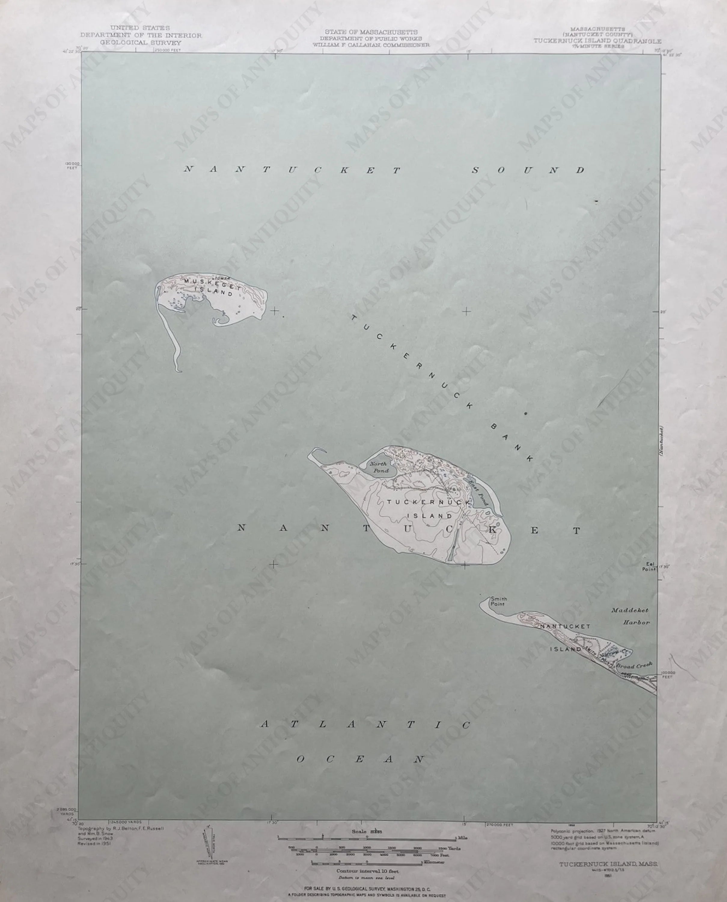 1951 Antique Map Tuckernuck Island, Muskeget Island, Nantucket, Mass ...