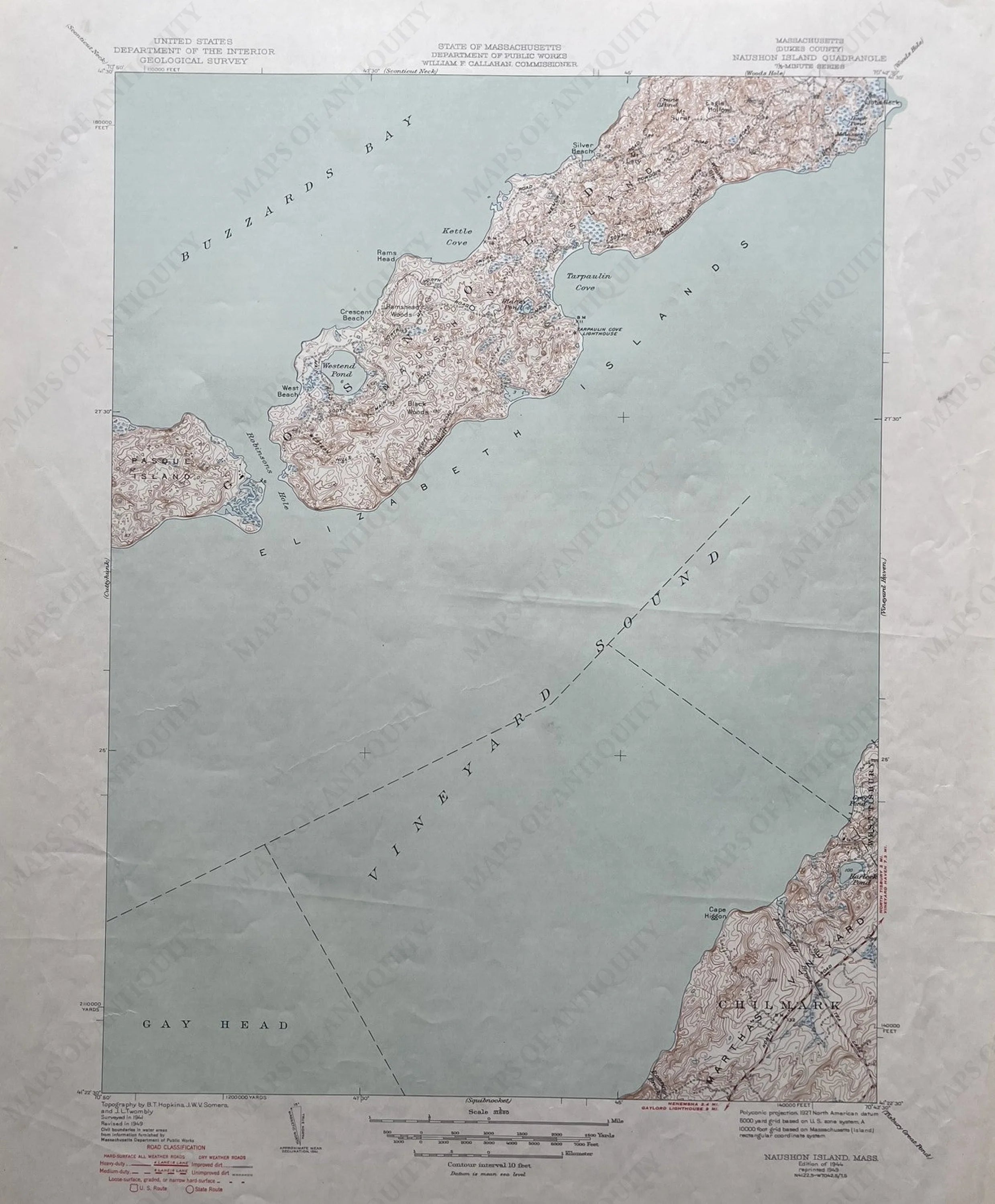 1944 Antique Map Naushon Island, Pasque Island, Gosnold, Mass. Cape Cod ...