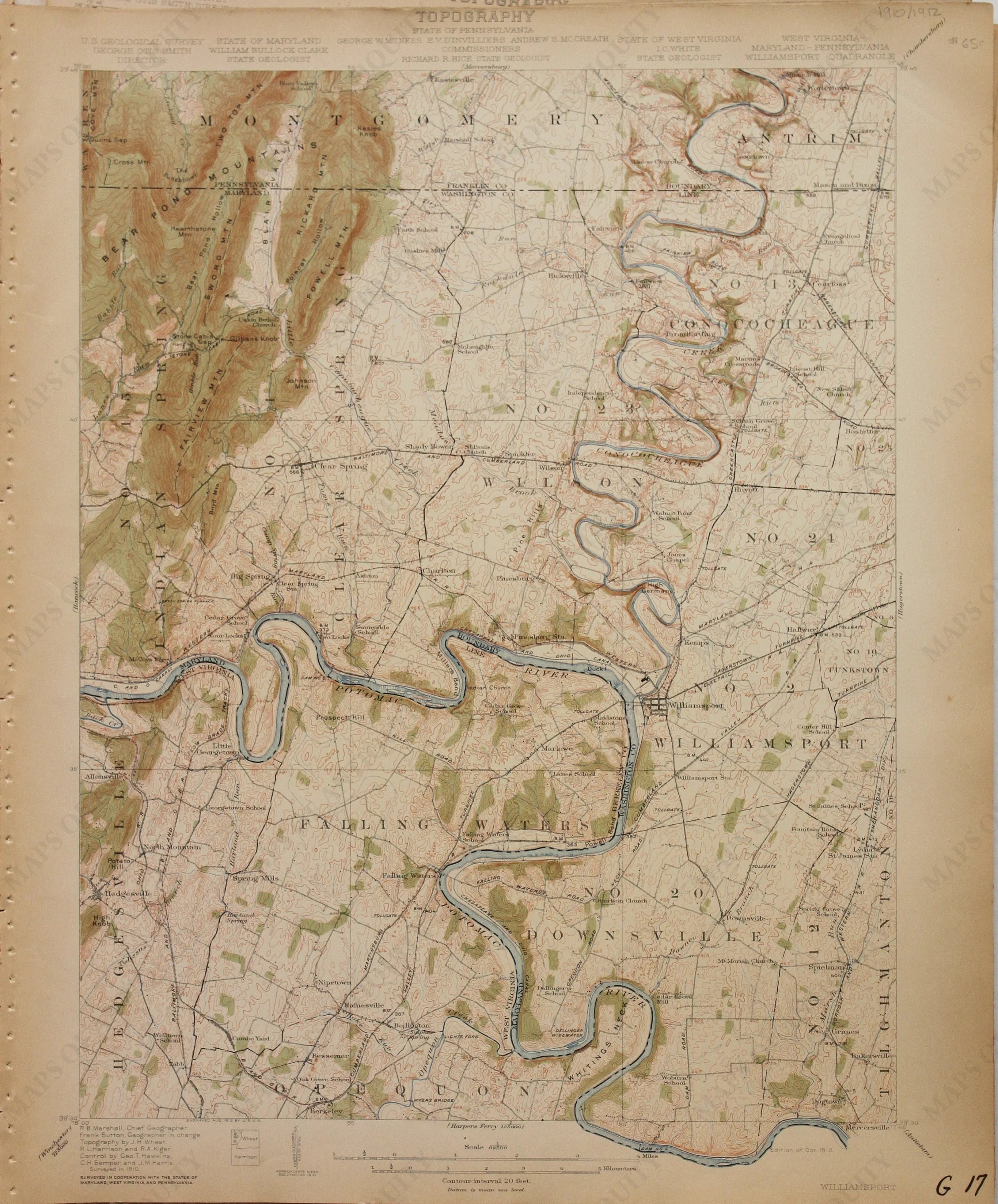 1912 Genuine Antique Map Williamsport (West Virginia, Maryland ...