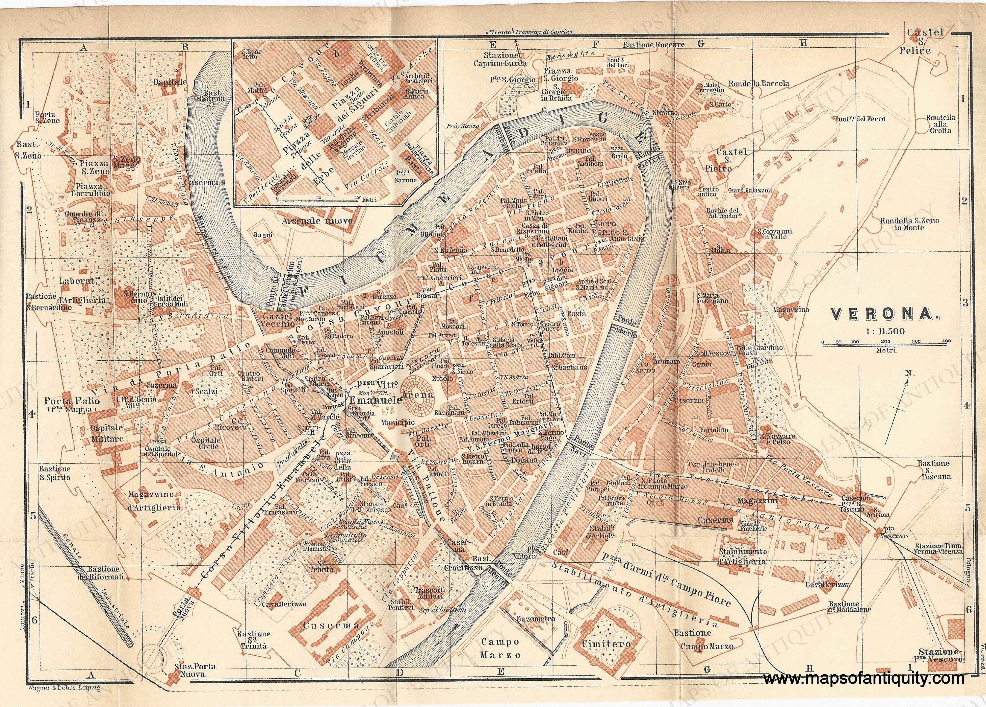 1895 - Verona Italy - Antique Map – Maps of Antiquity