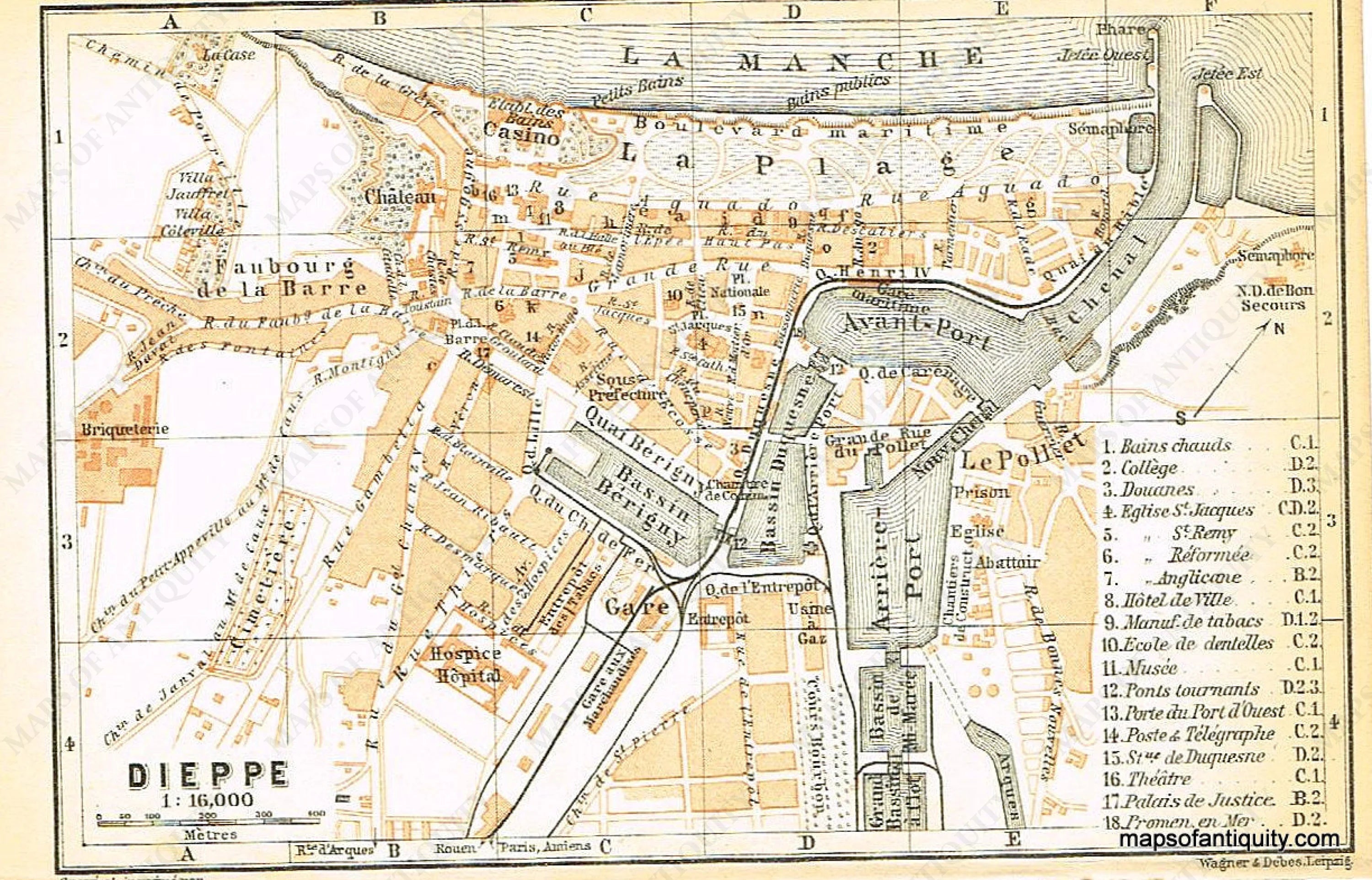 1909 - Dieppe, France - Antique Map – Maps of Antiquity