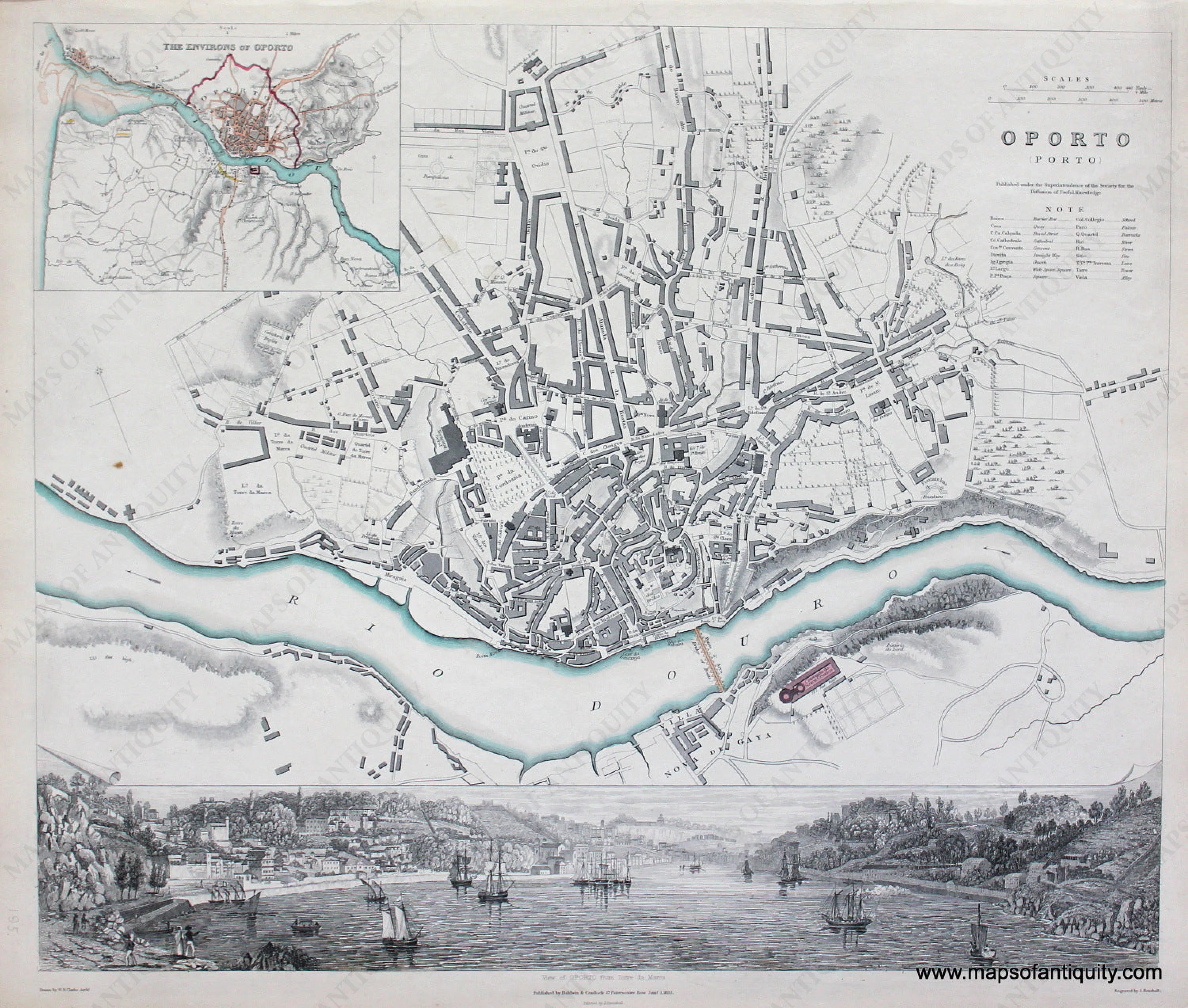 1833 - Porto, or Oporto, Portugal - Antique Map – Maps of Antiquity