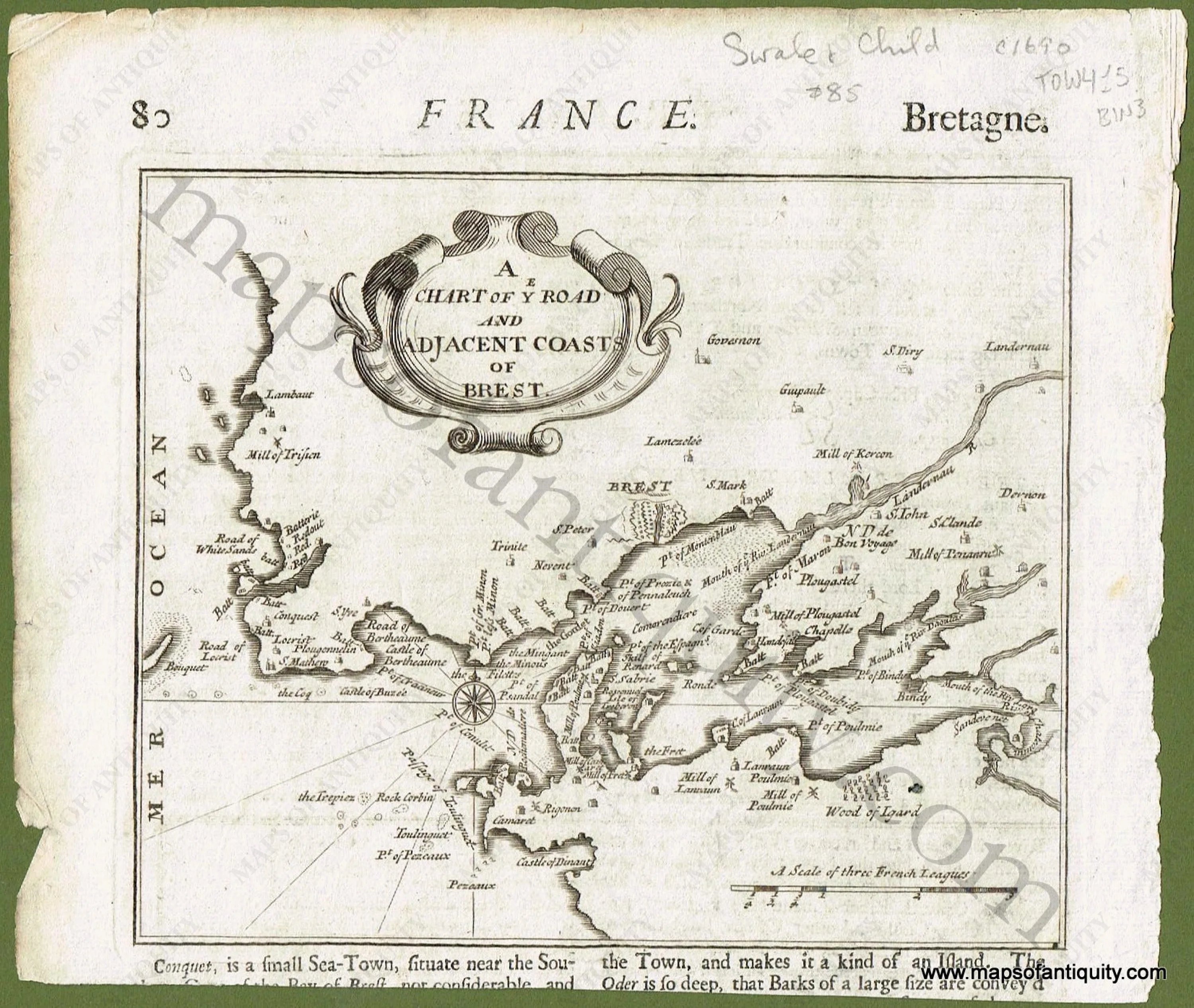 1690 - A Chart of Ye Road and Adjacent Coasts of Brest - Antique Map ...