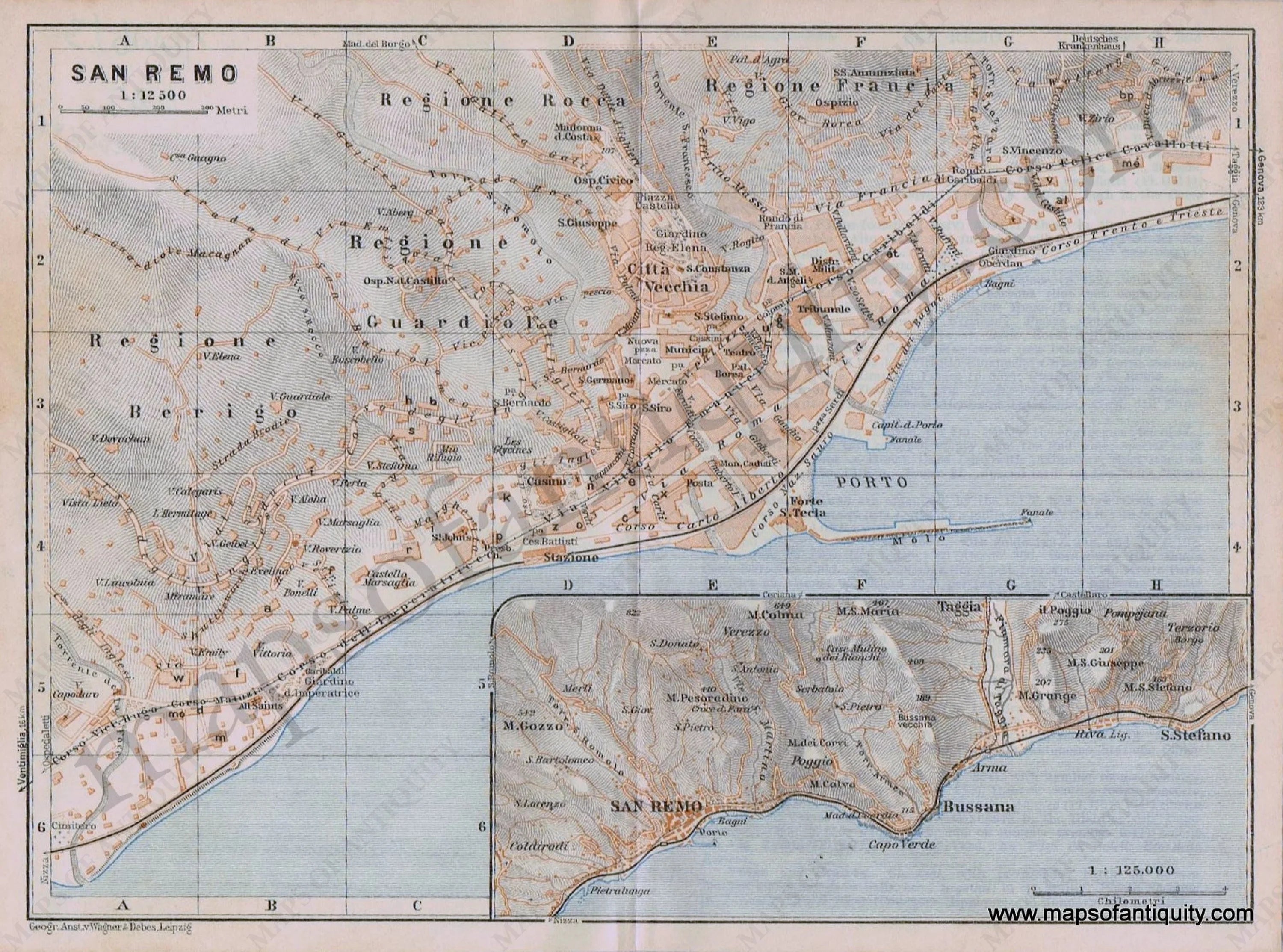 1886 - Sanremo, Italy - San Remo - Antique Map – Maps of Antiquity