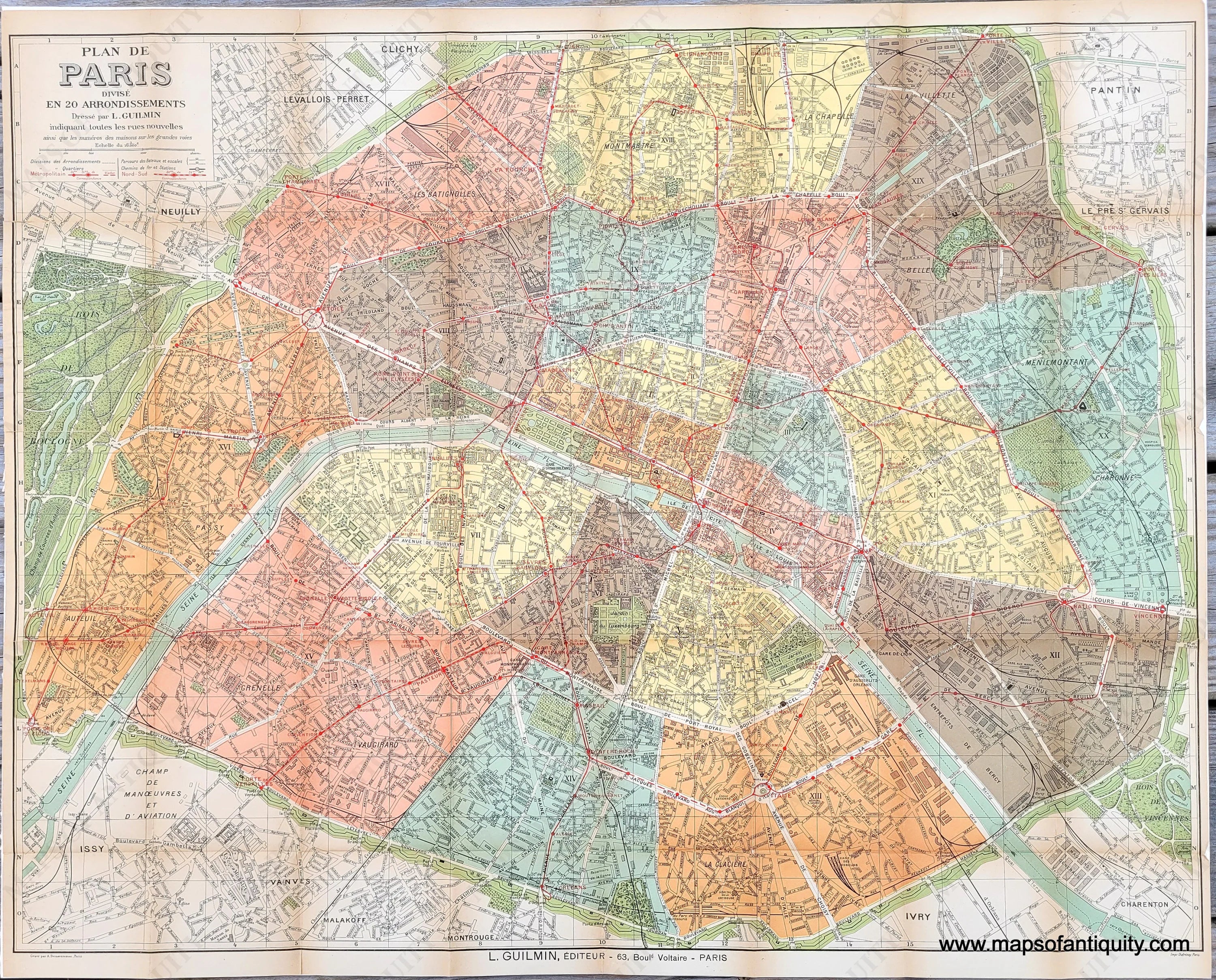 1920s - Nouveau Plan de Paris divise en 20 Arrondissements indiquant t ...