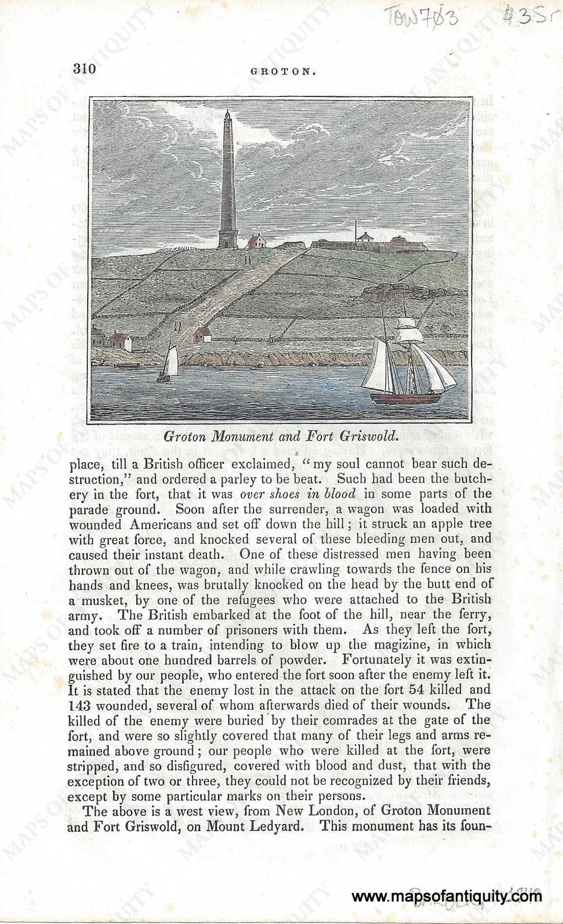 c. 1840 Antique Print Illustration Groton Monument and Fort Griswold ...