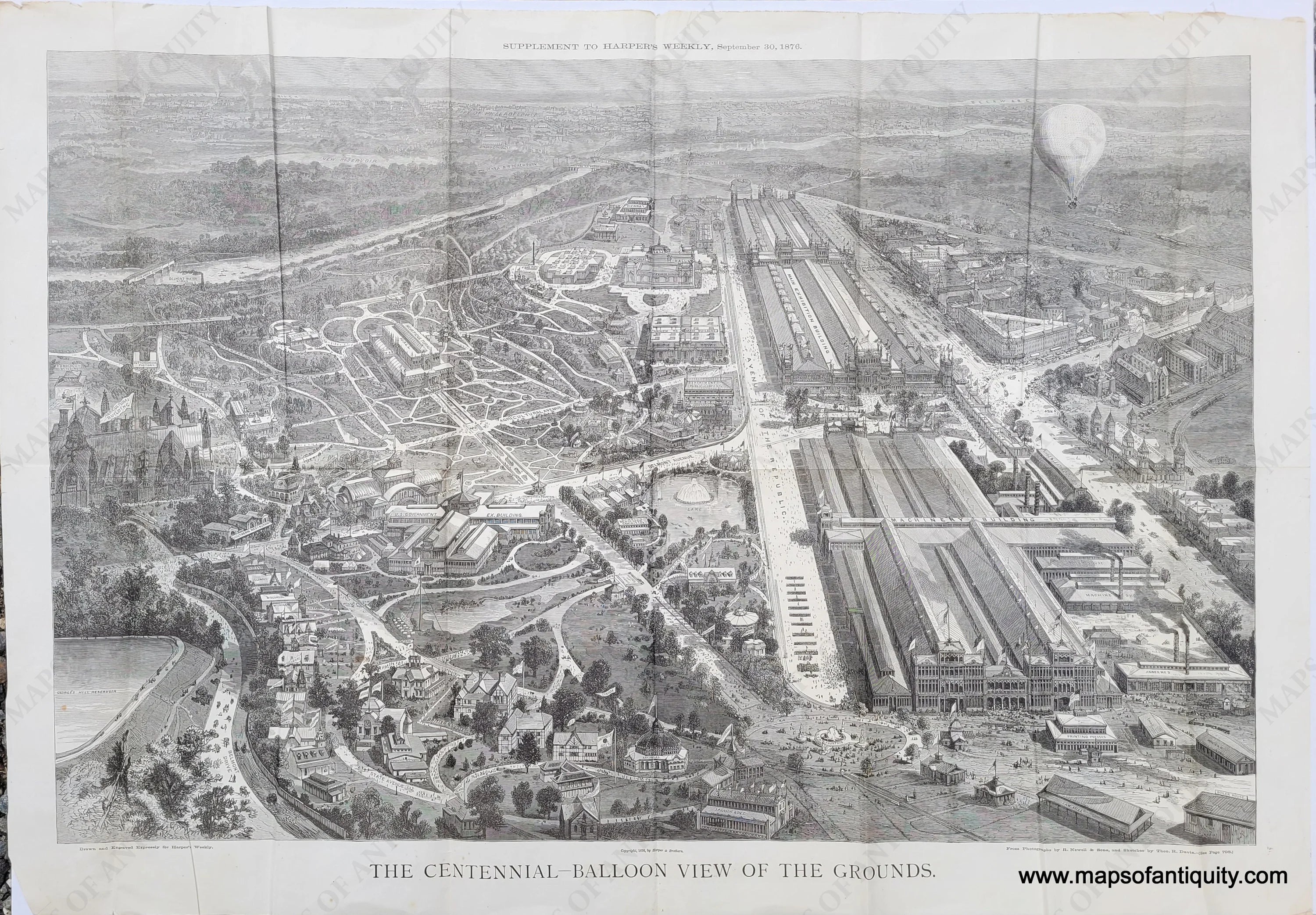 1876 Genuine Antique Map The Centennial - Balloon View of the Grounds ...