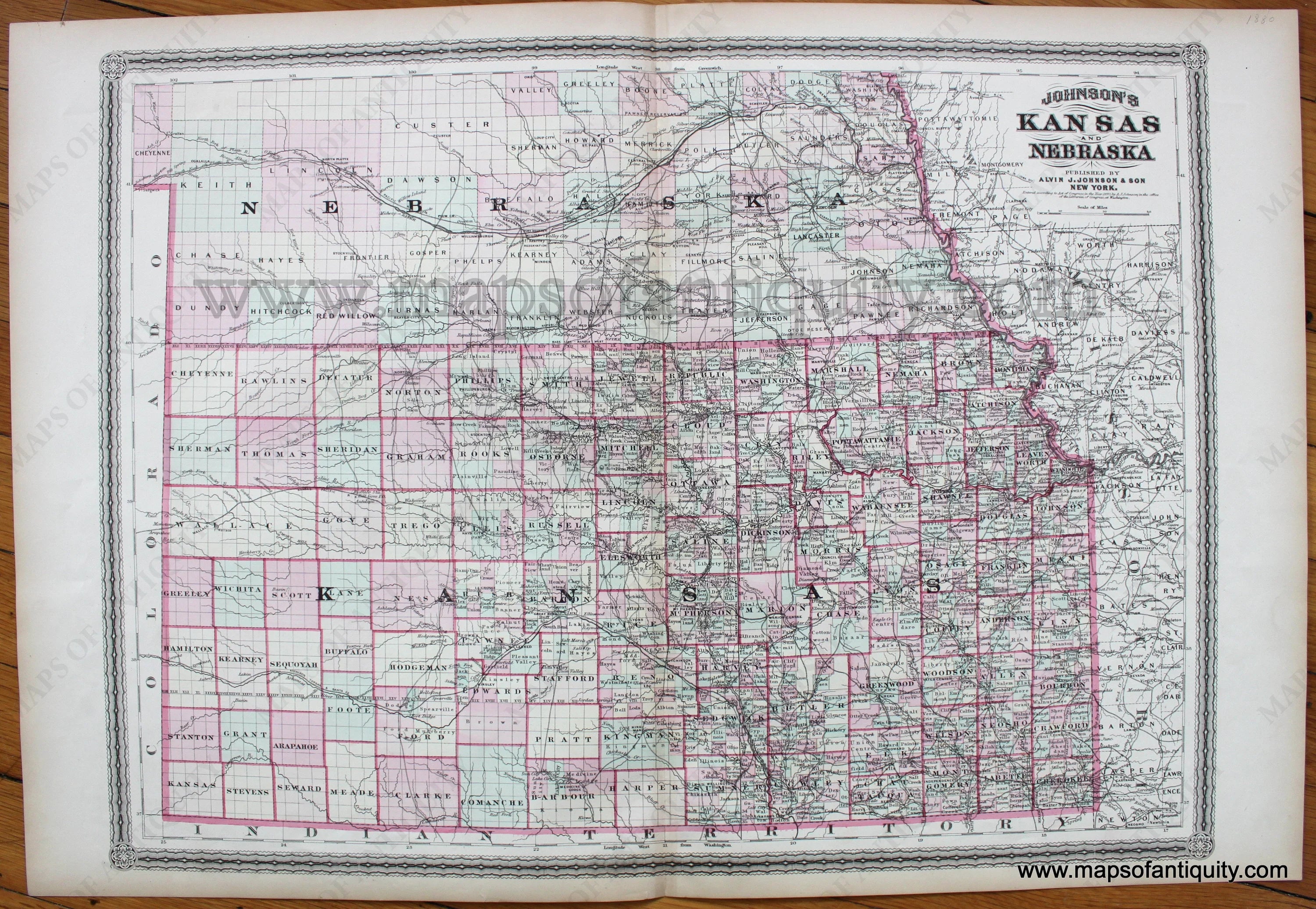 1880 - Kansas and Nebraska - Antique Map – Maps of Antiquity