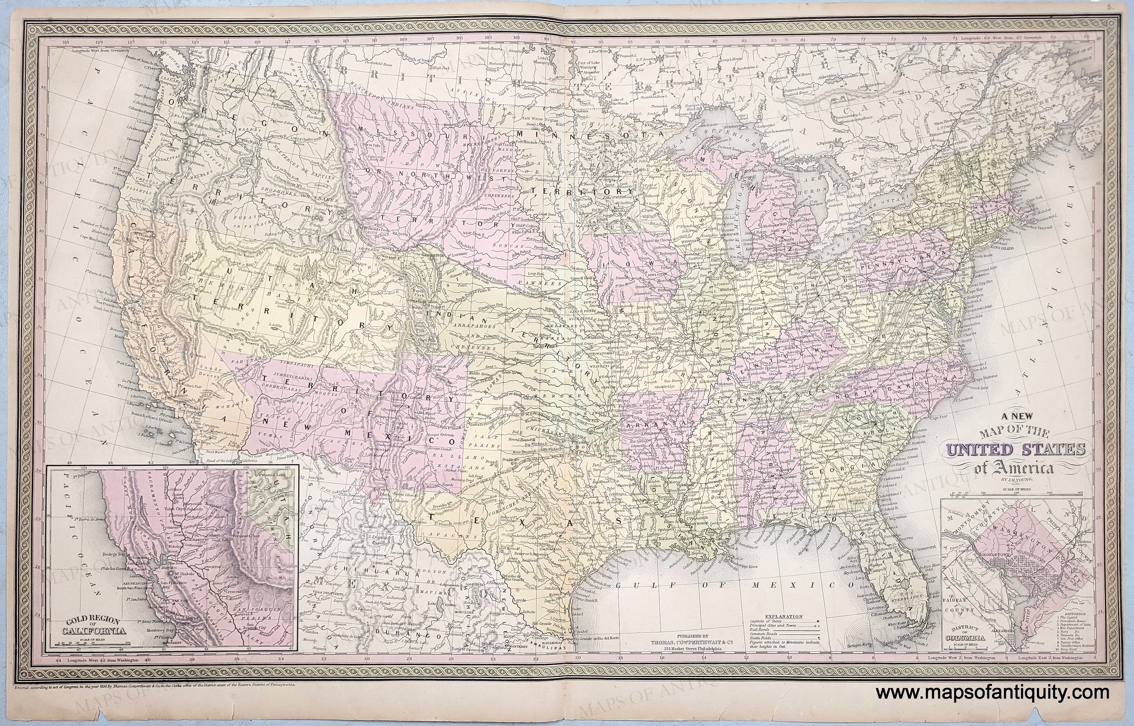 1850 - A New Map of the United States of America by J.H. Young - Antiq ...