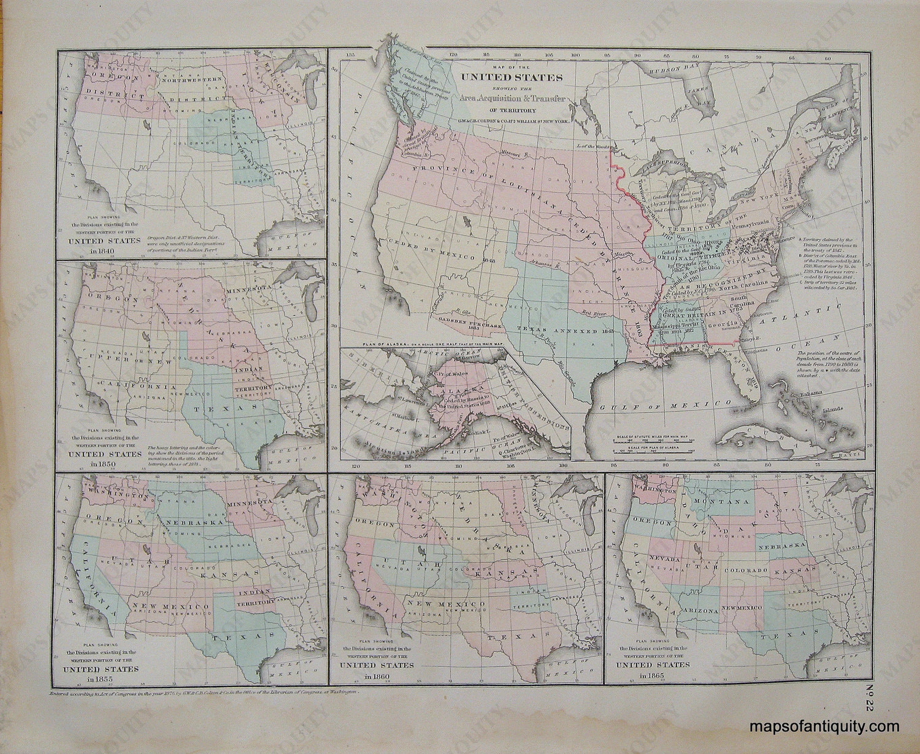 1887 - Colton's Map of the United States Showing the Area, Acquisition ...