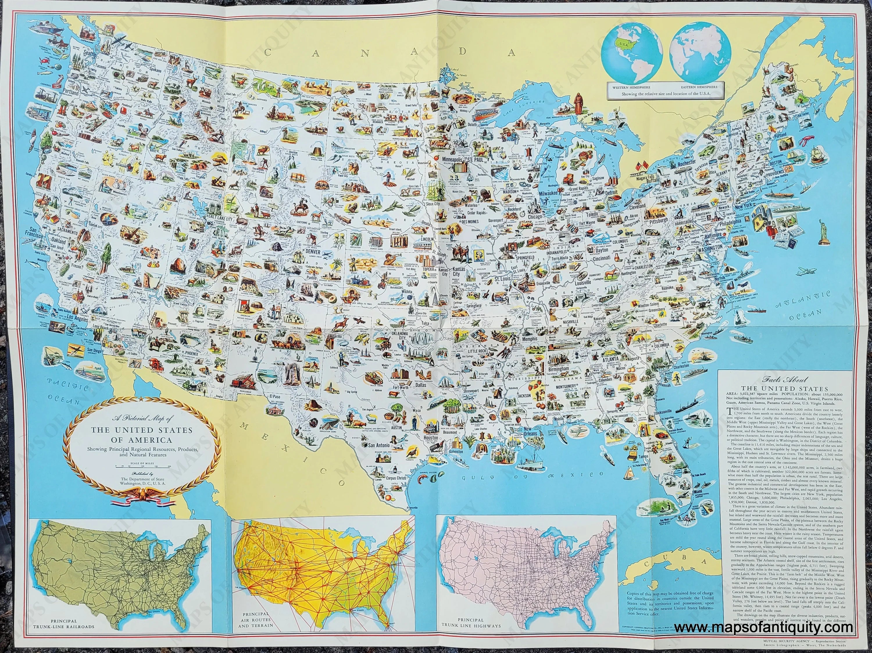 1950 - A Pictorial Map of the United States of America Showing Princip ...