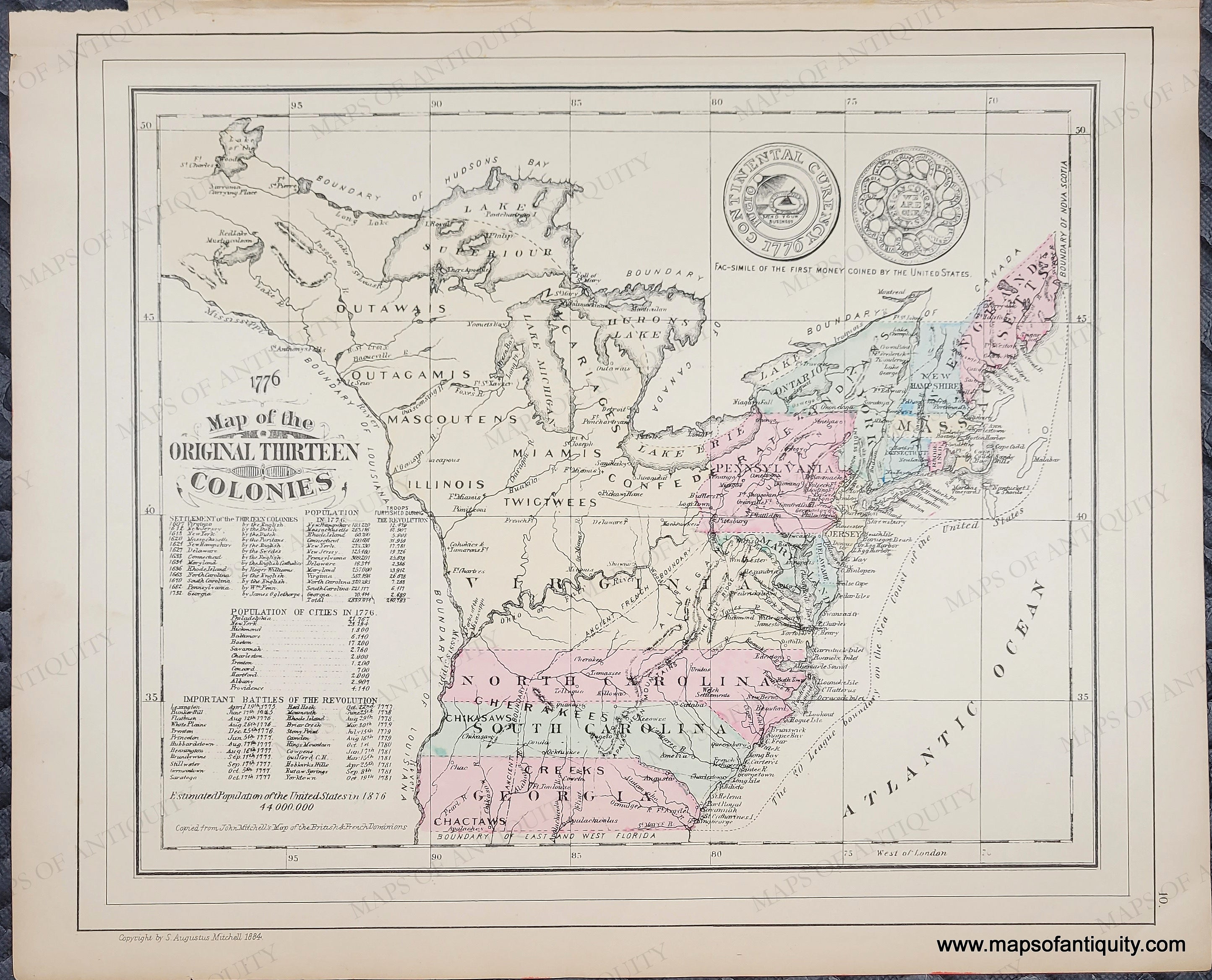 1885 - 1776, Map of the Original Thirteen Colonies - Antique Map – Maps ...