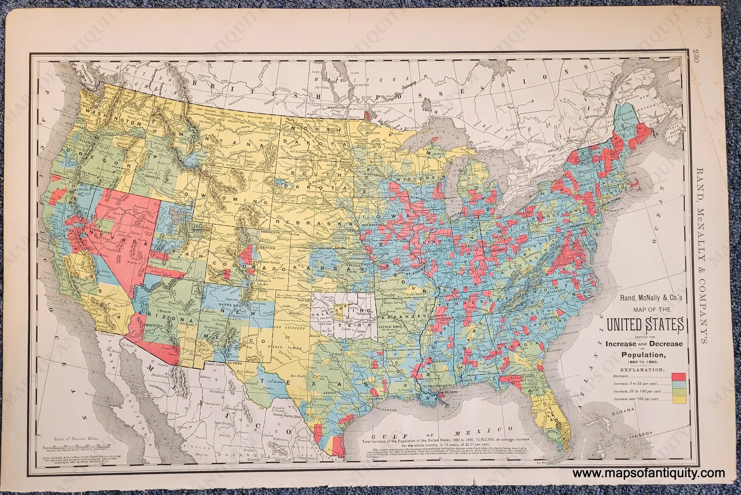 1898 Genuine Antique Map Map of the United States showing the Increase ...