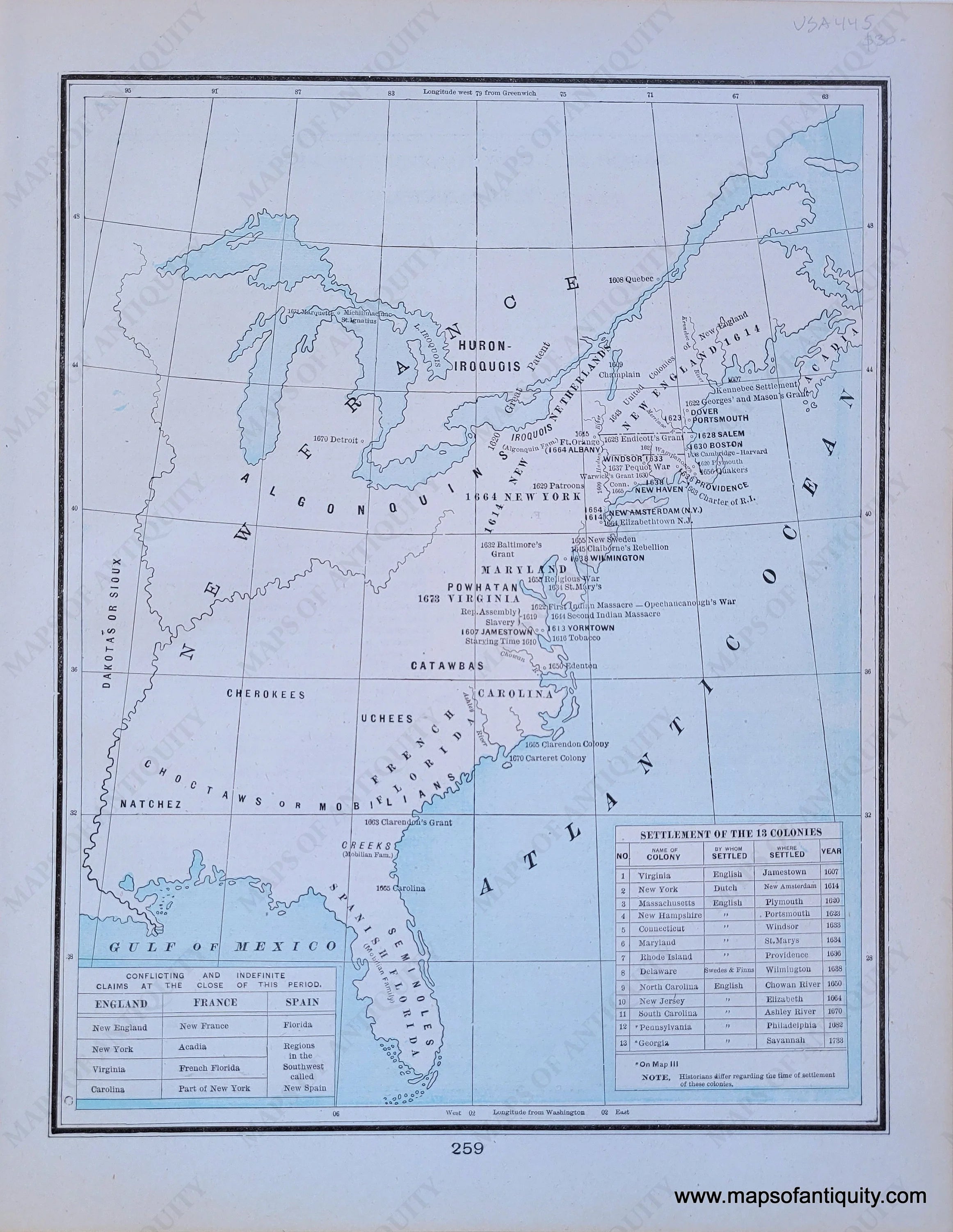 1900 - Settlement of the 13 Colonies - Antique Map – Maps of Antiquity