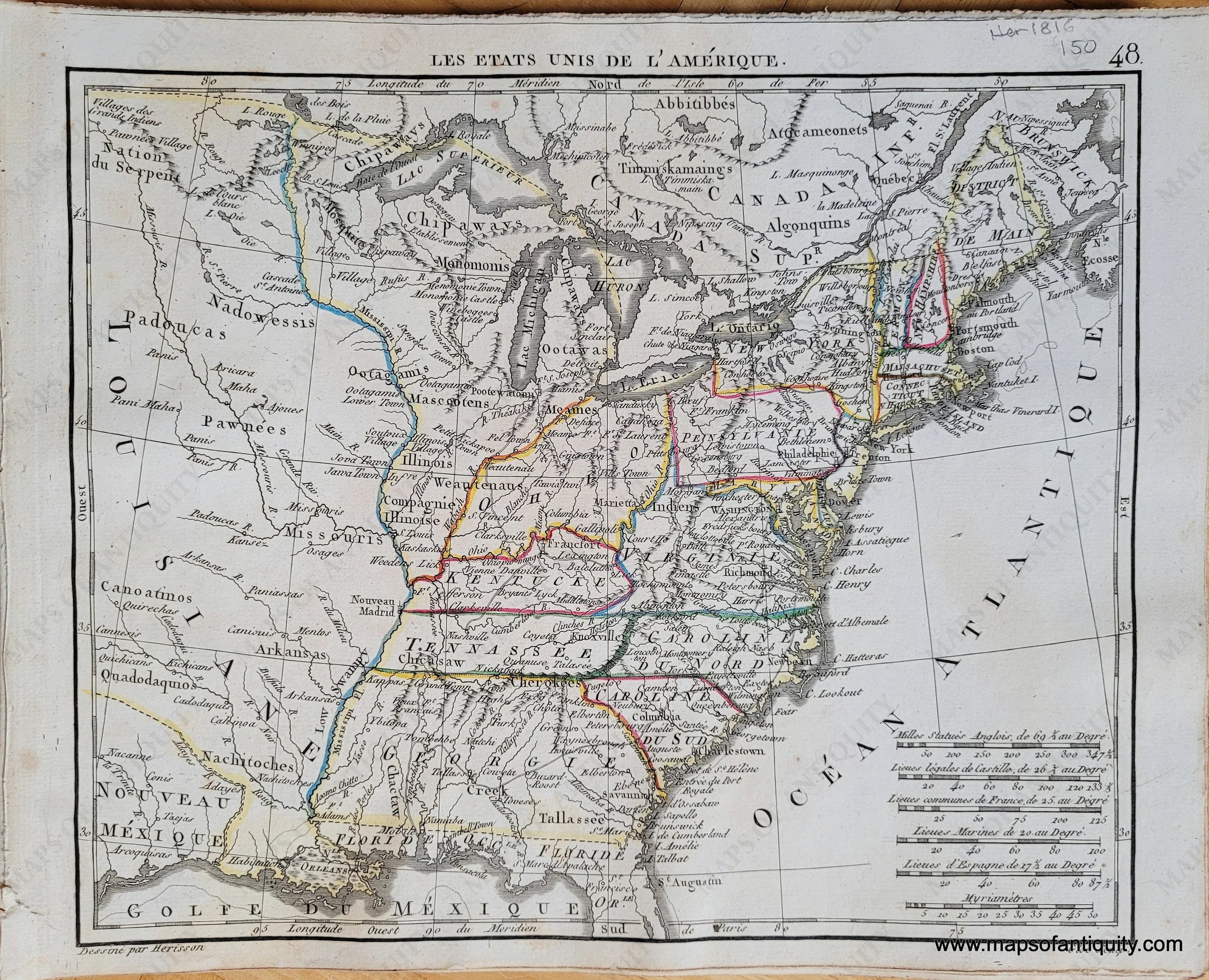 1816 Genuine Antique Map Unites States - Les Etats Unis de l'Amerique ...
