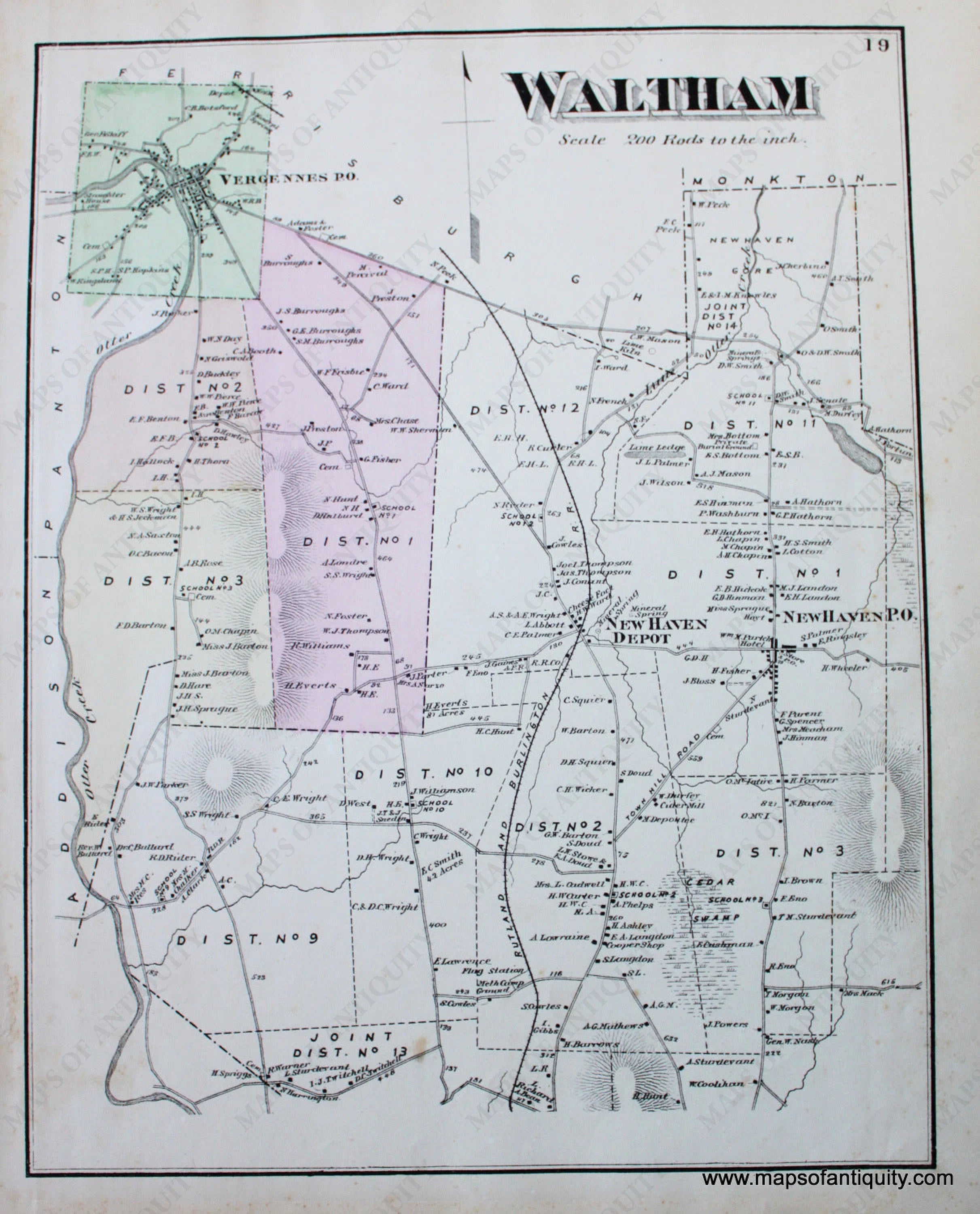 1871 - Waltham, VT - Vermont - Antique Map – Maps of Antiquity