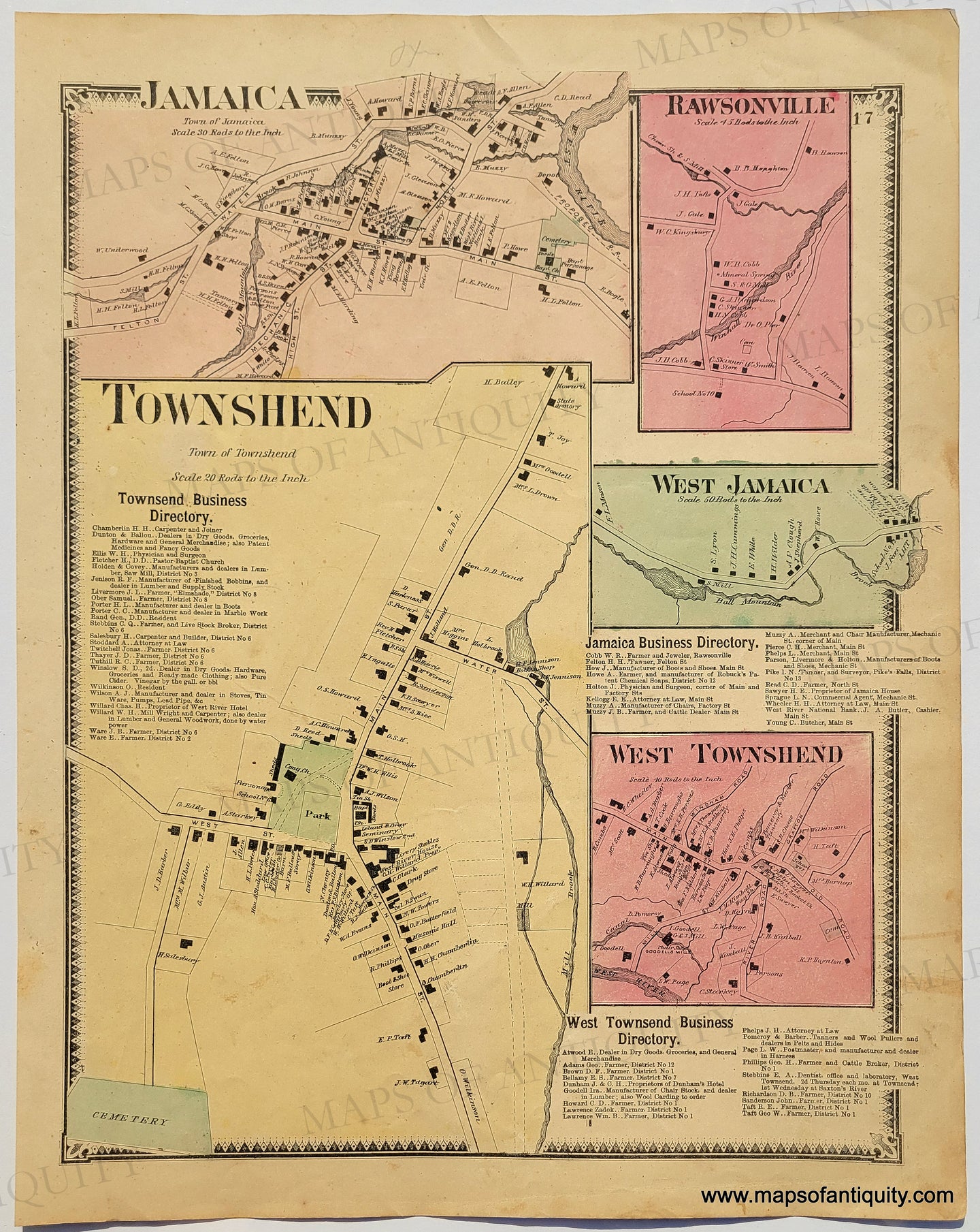 1869 - Villages of Townsend & Jamaica, VT - Vermont - Antique Map ...