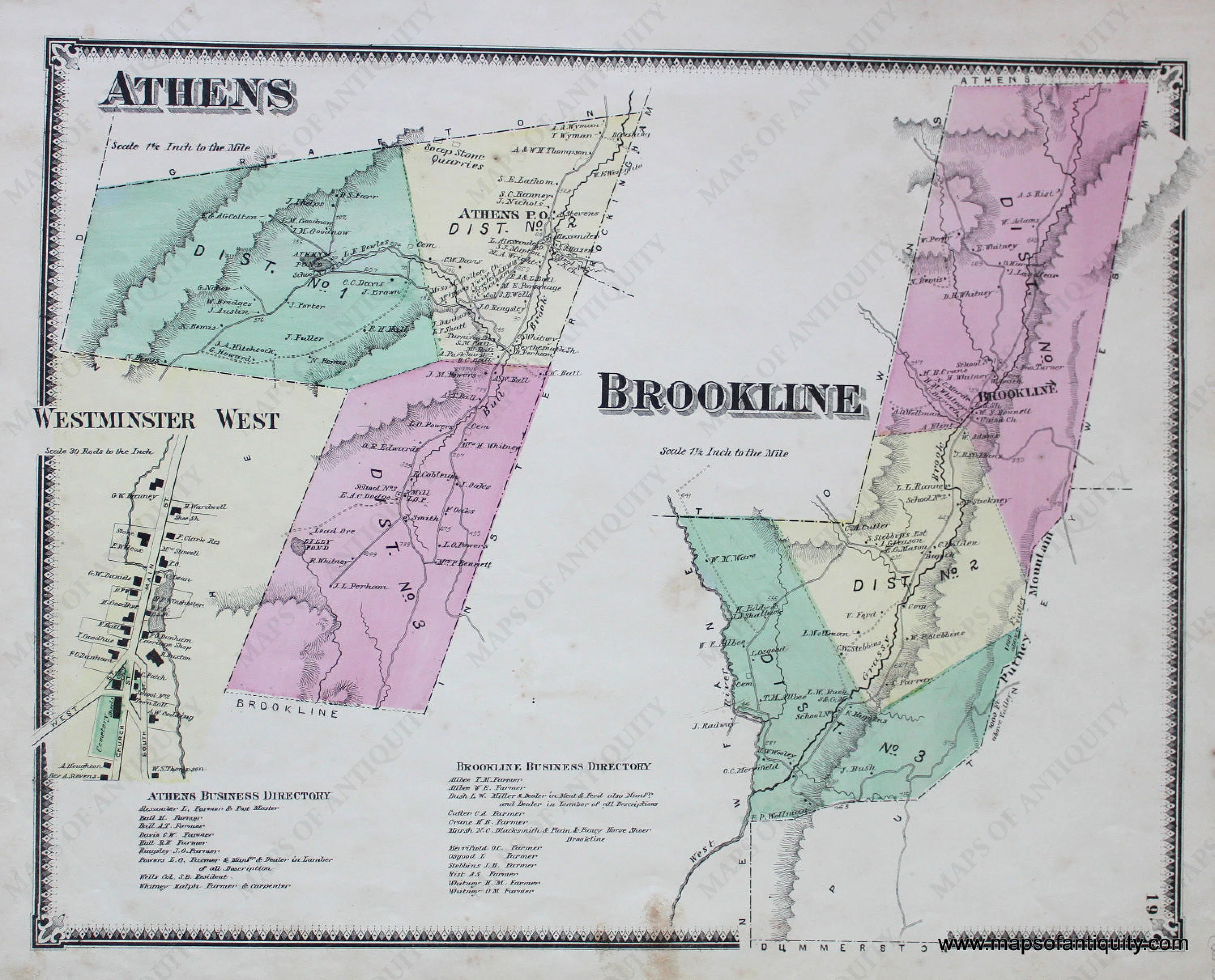 1869 - Brookline, VT - Vermont - Antique Map – Maps of Antiquity