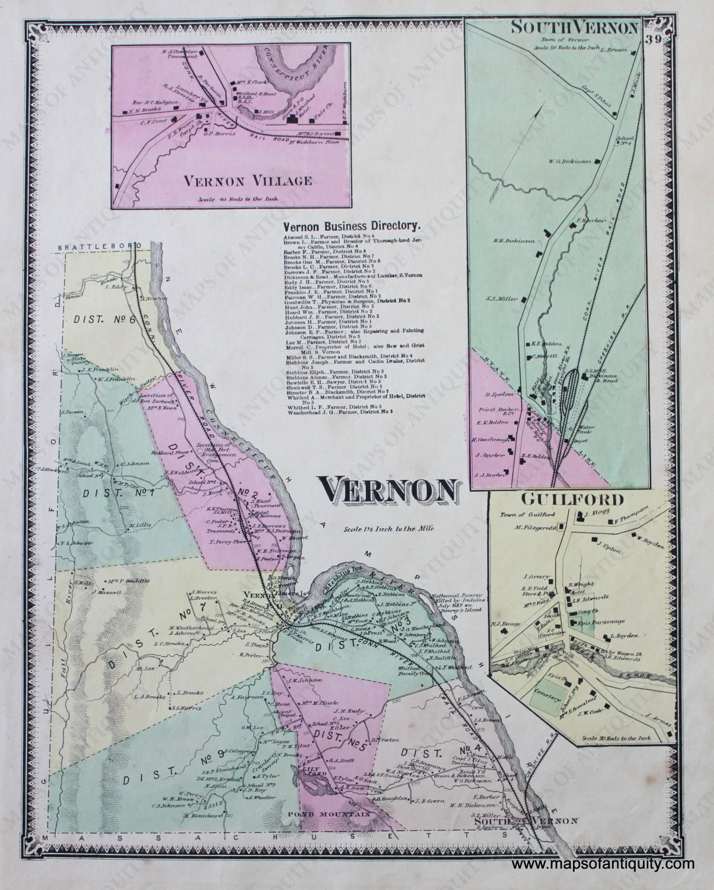 1869 - Vernon, VT - Vermont - Antique Map – Maps of Antiquity
