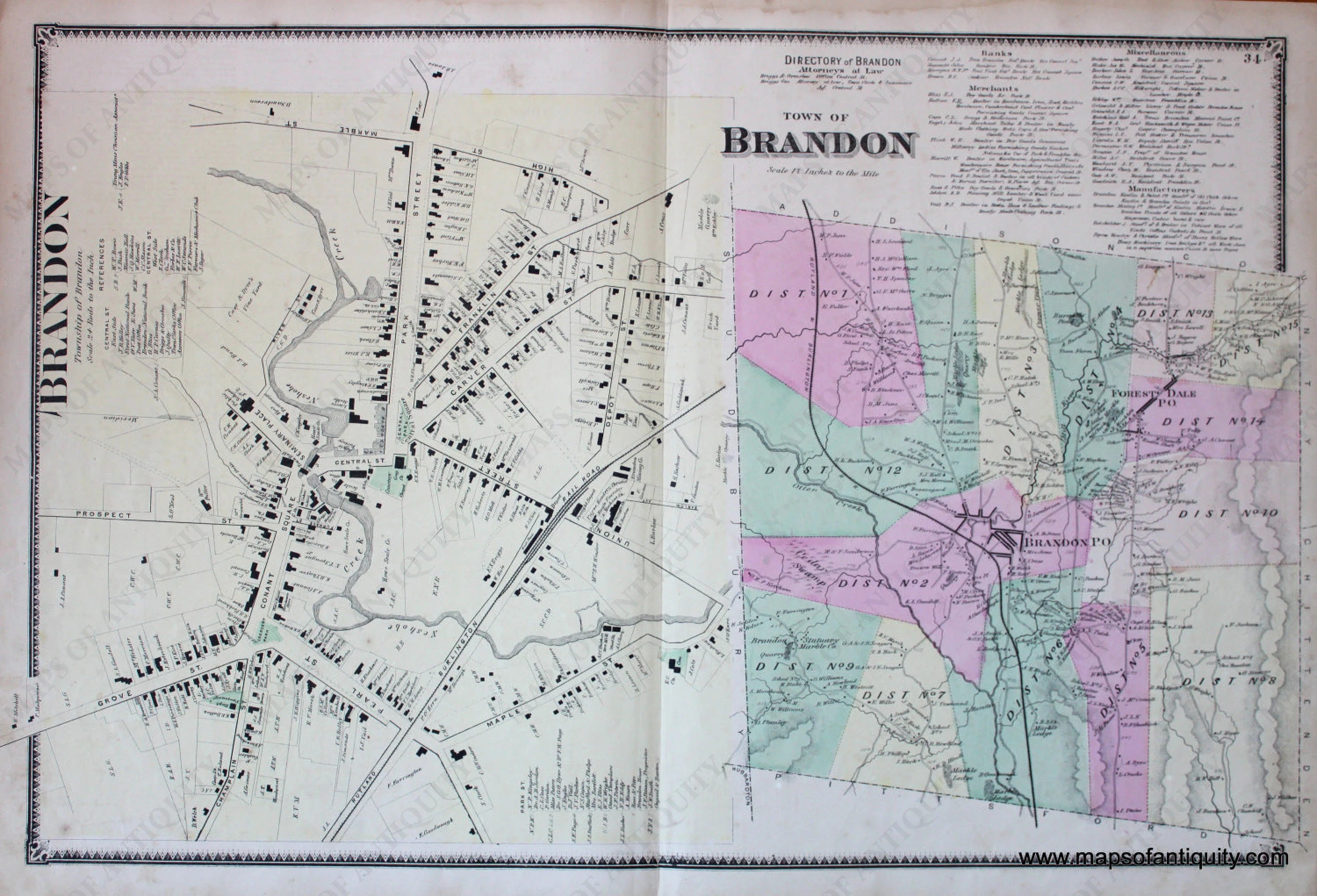1869 - Brandon, VT - Vermont - Antique Map – Maps of Antiquity