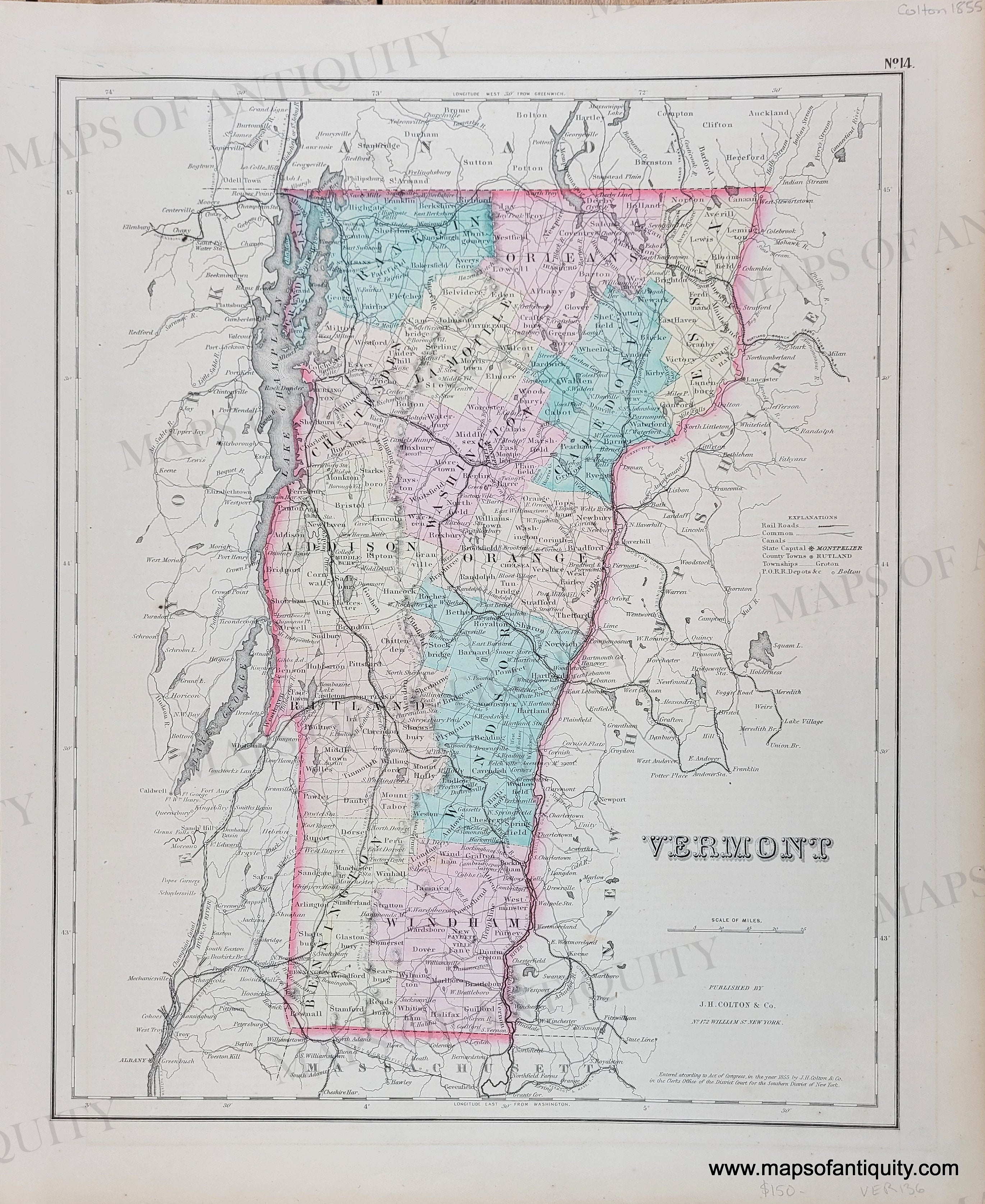 1855 - Vermont - Antique Map – Maps of Antiquity