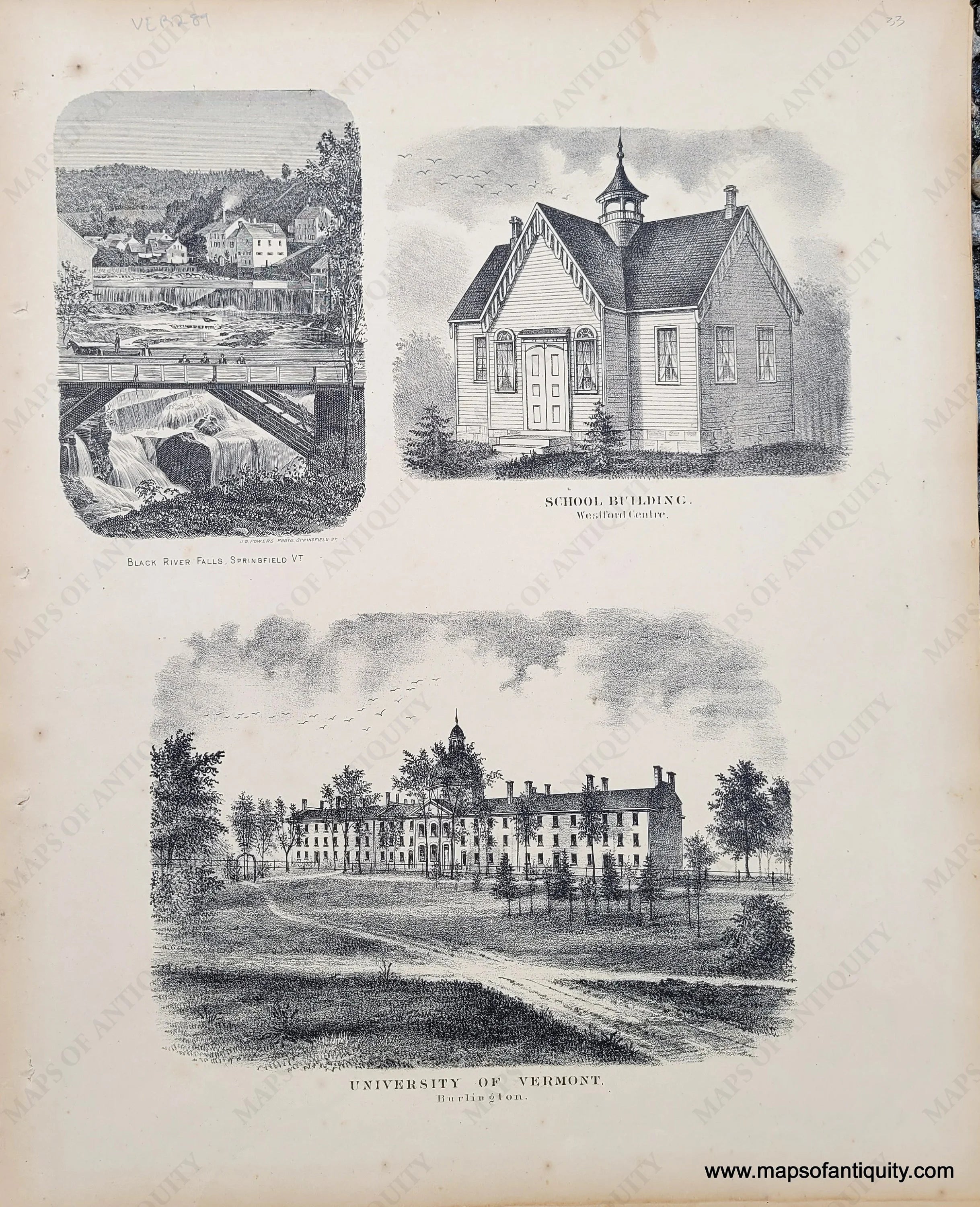 1869 - Page with illustrations: Black River Falls in Springfield VT, S ...