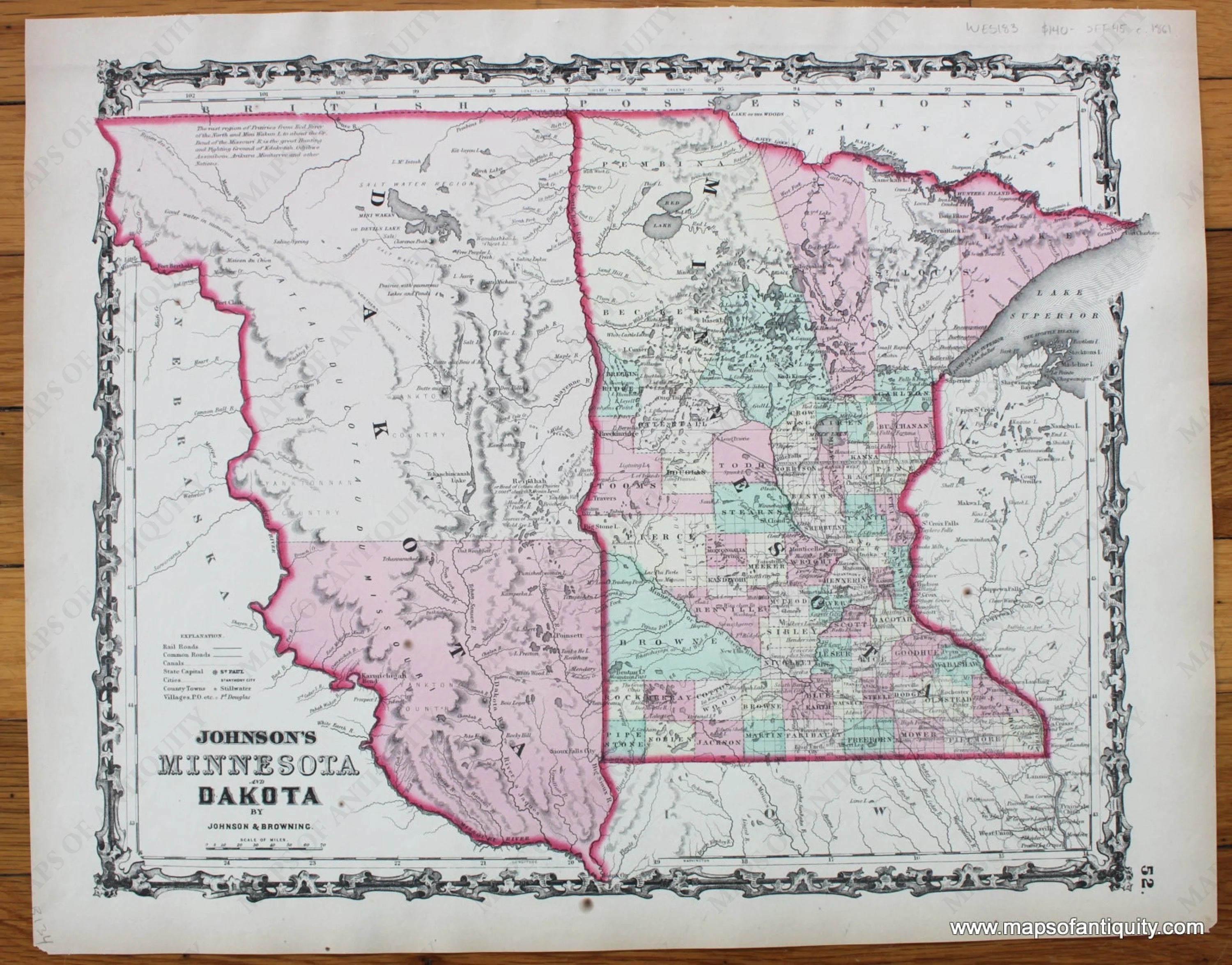 1861 - Johnson's Minnesota and Dakota - Antique Map – Maps of Antiquity