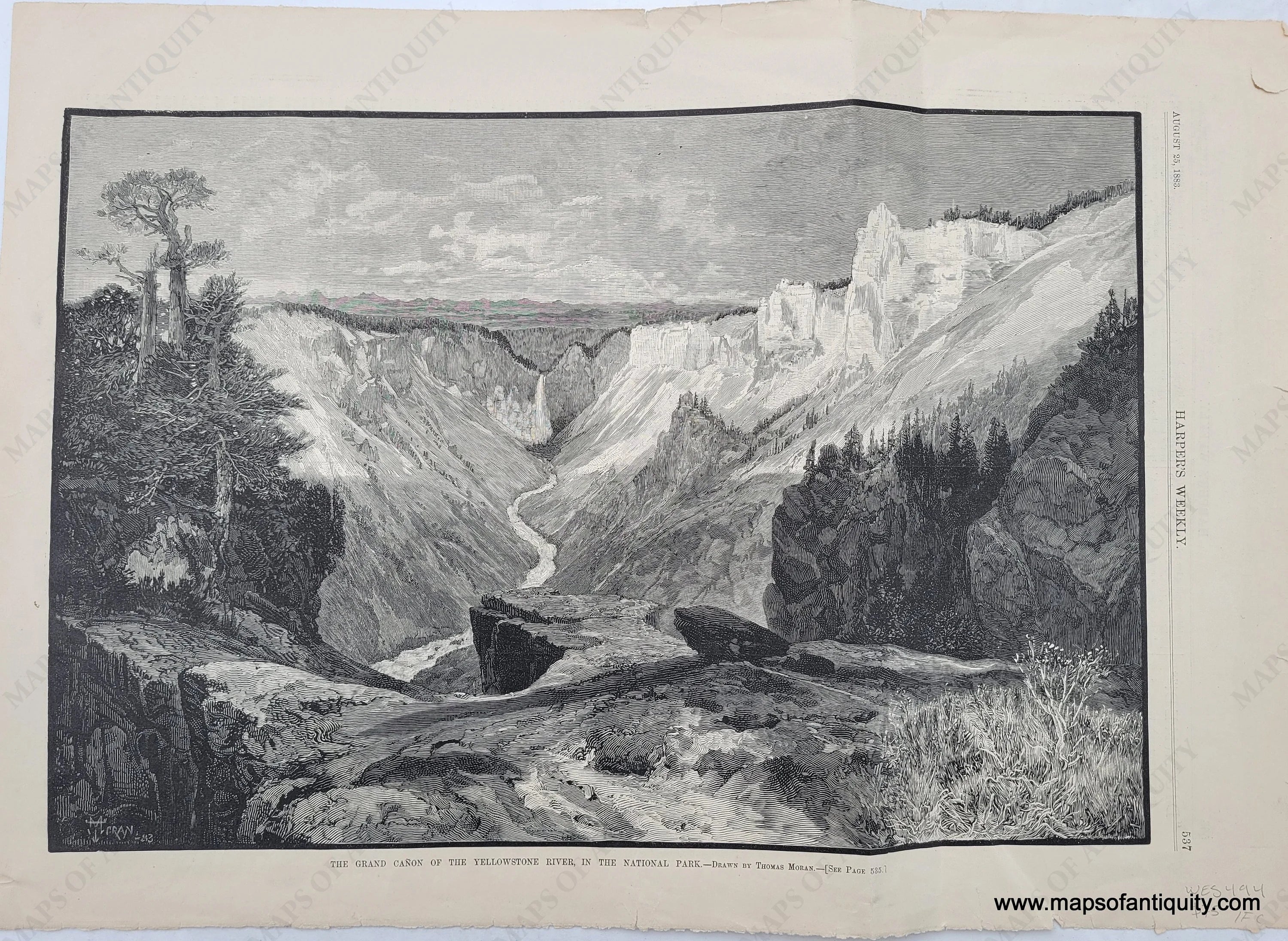 1883 Antique Map The Grand Canyon of the Yellowstone River, in the ...
