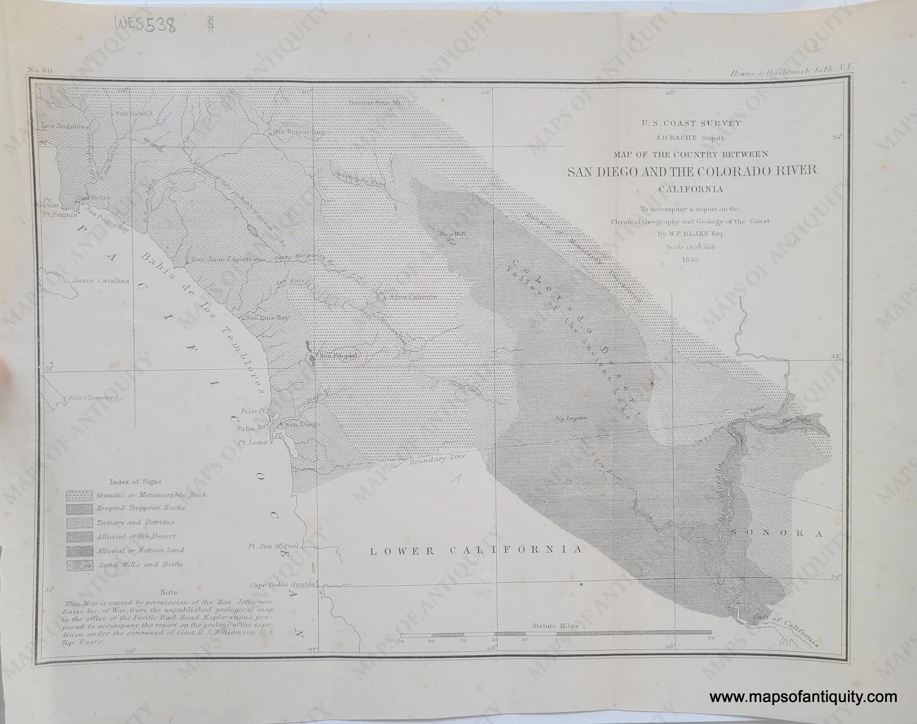 1855 Genuine Antique Map Map of the Country Between San Diego and the ...
