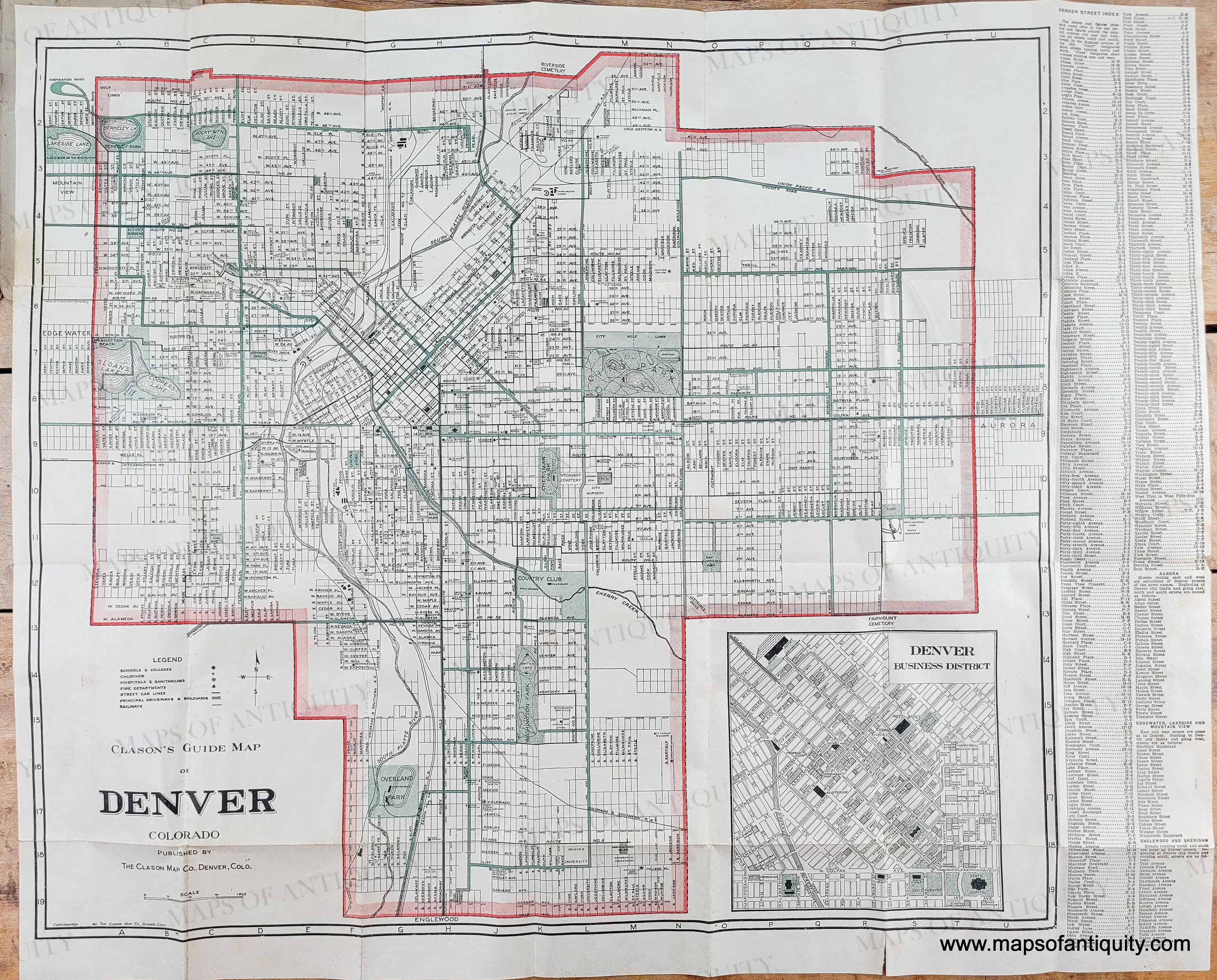 1910 - Clason's Guide Map of Denver - Antique Map – Maps of Antiquity