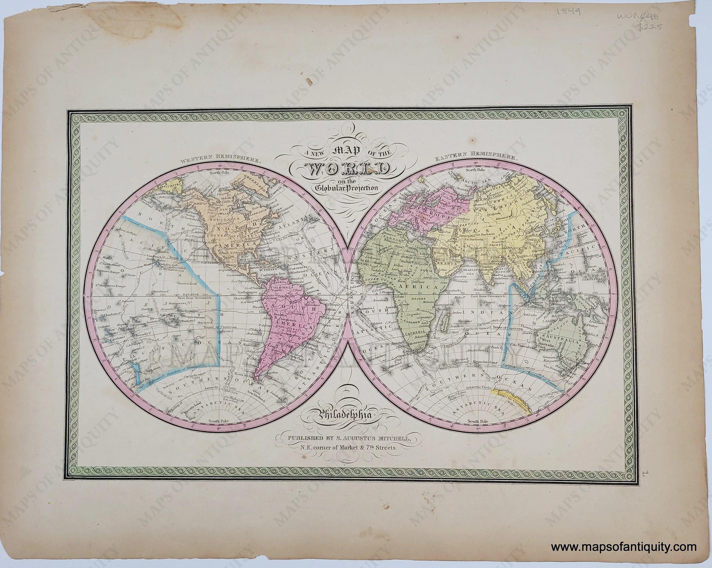 1849 - A New Map of the World on Globular Projection. - Antique Map ...