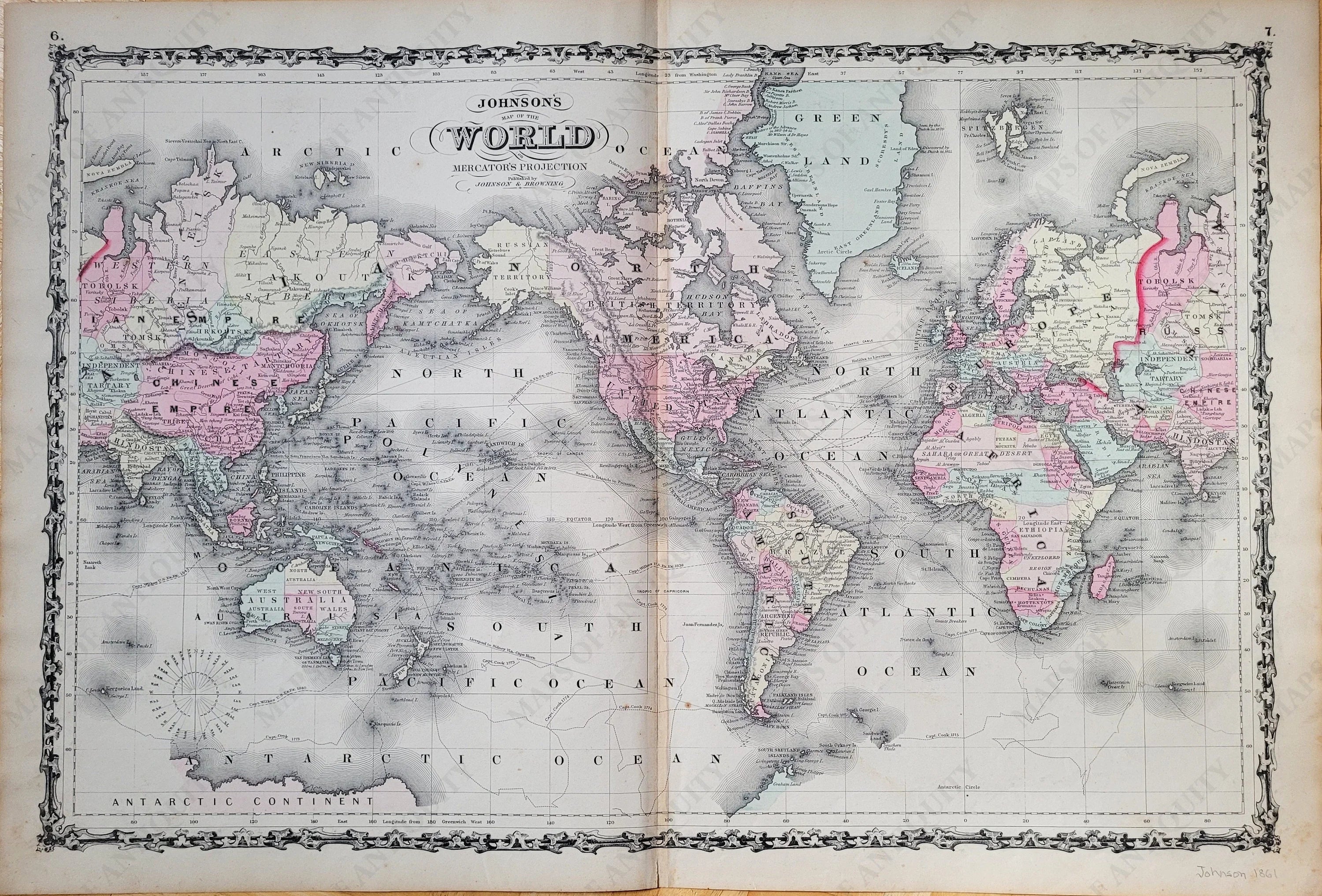 1861 - Johnson's Map of the World on Mercator's Projection - Antique M ...
