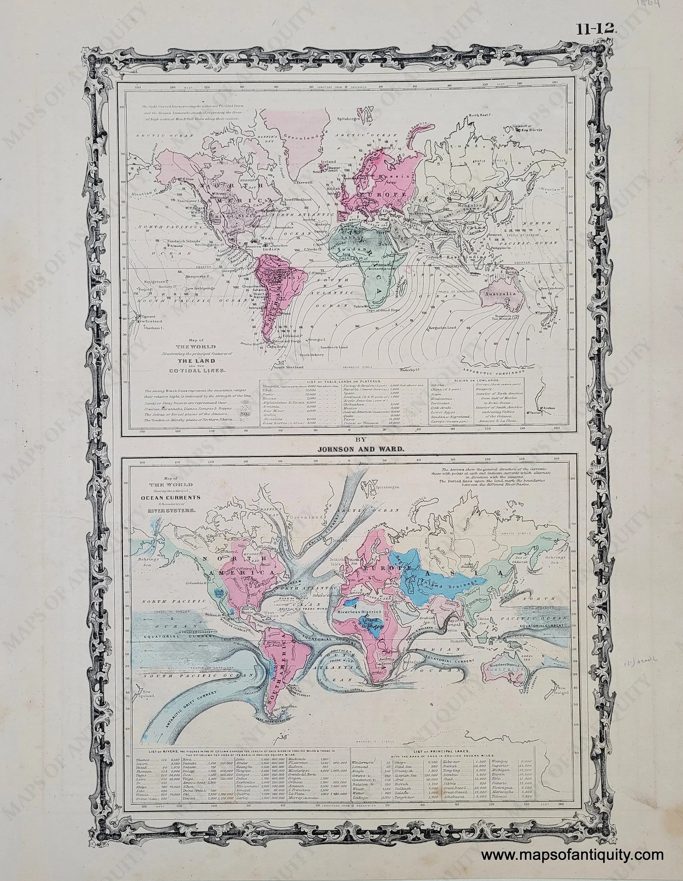 1864 - World Distribution Map of Co-tidal Lines, Ocean Currents and Ri ...