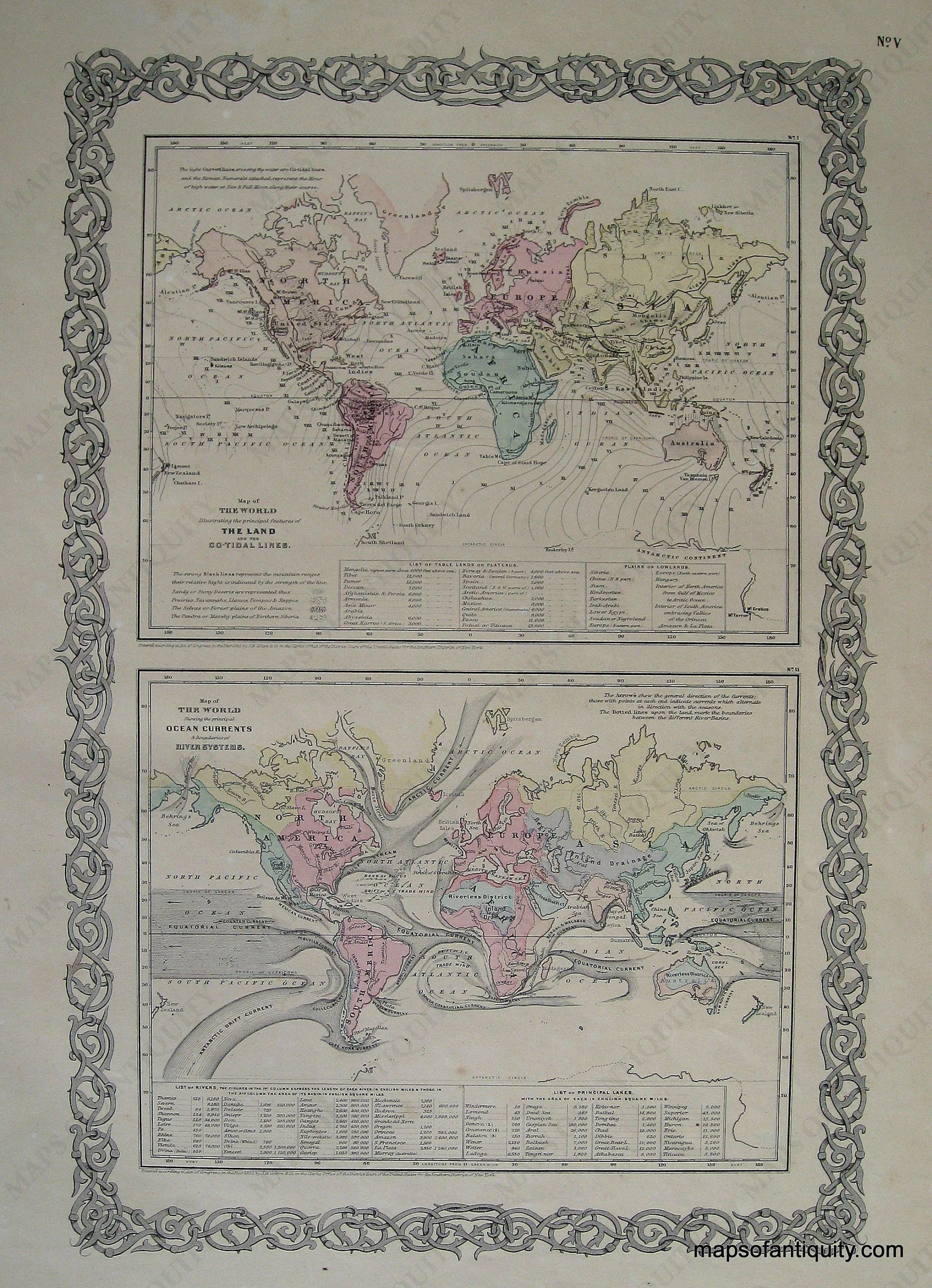 1856 - World Distribution Map of Co-tidal Lines, Ocean Currents and Ri ...