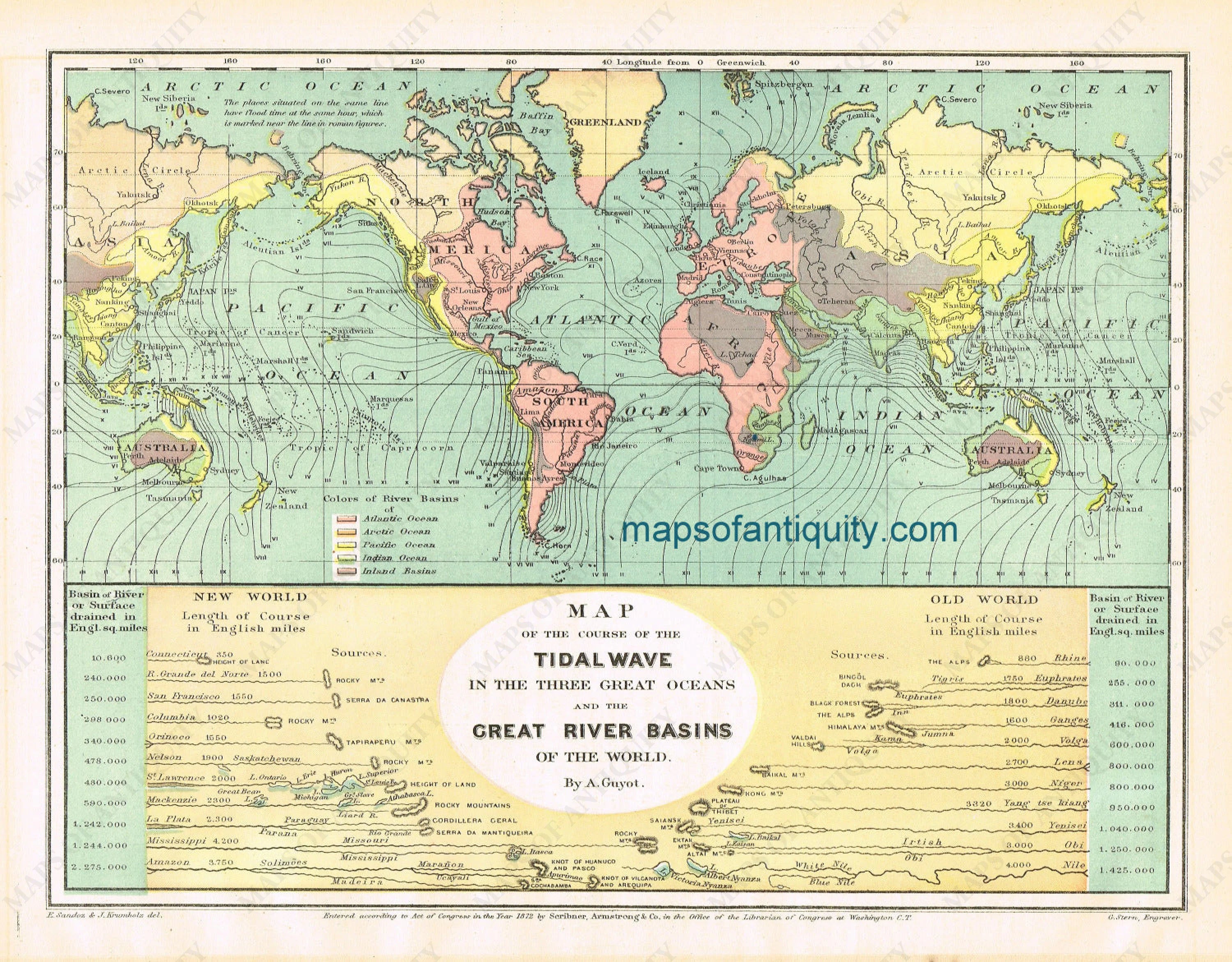 1872 - World Tides and River Basins - Antique Map – Maps of Antiquity