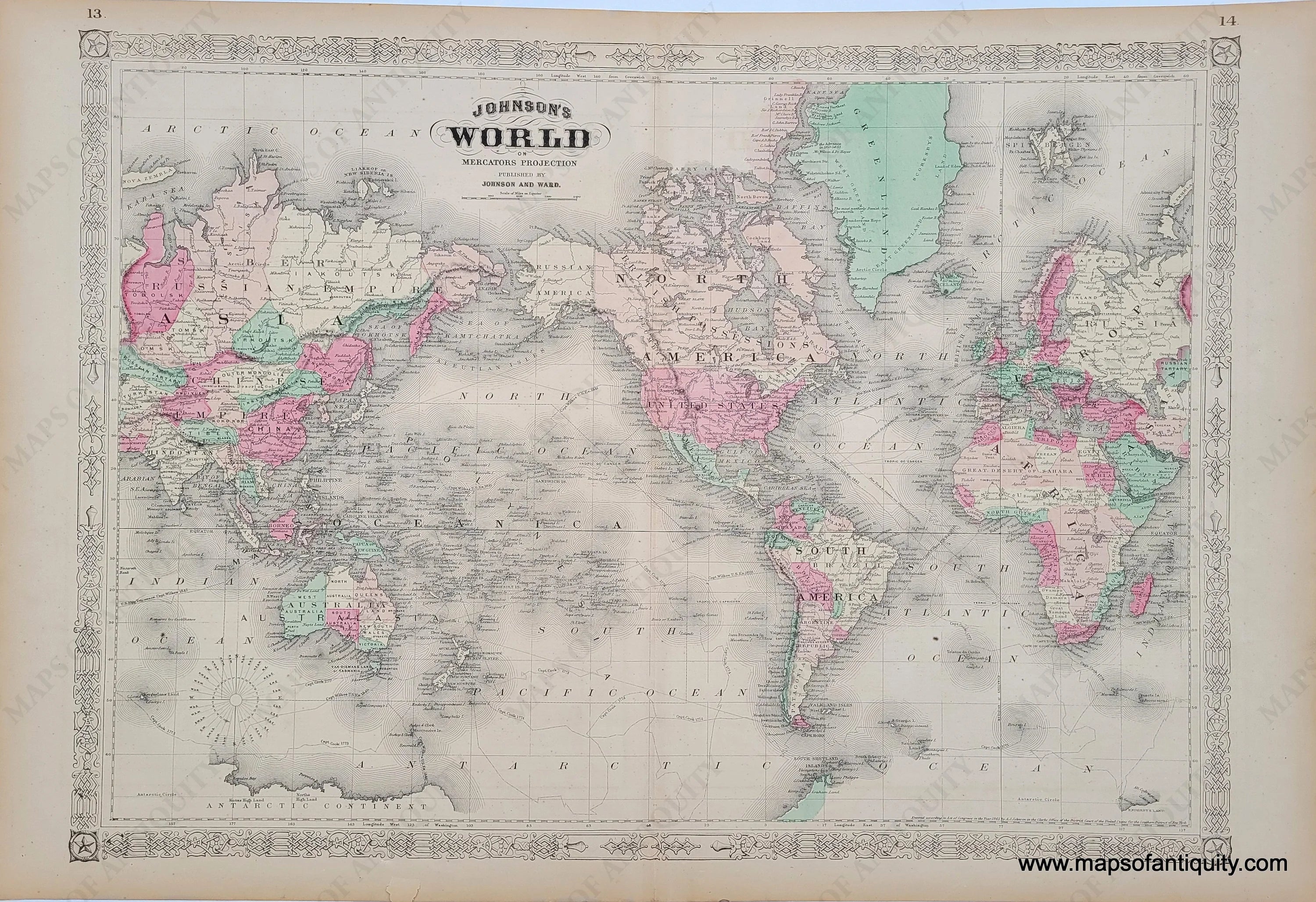 1865 - Johnson's World on Mercator's Projection - Antique Map – Maps of ...